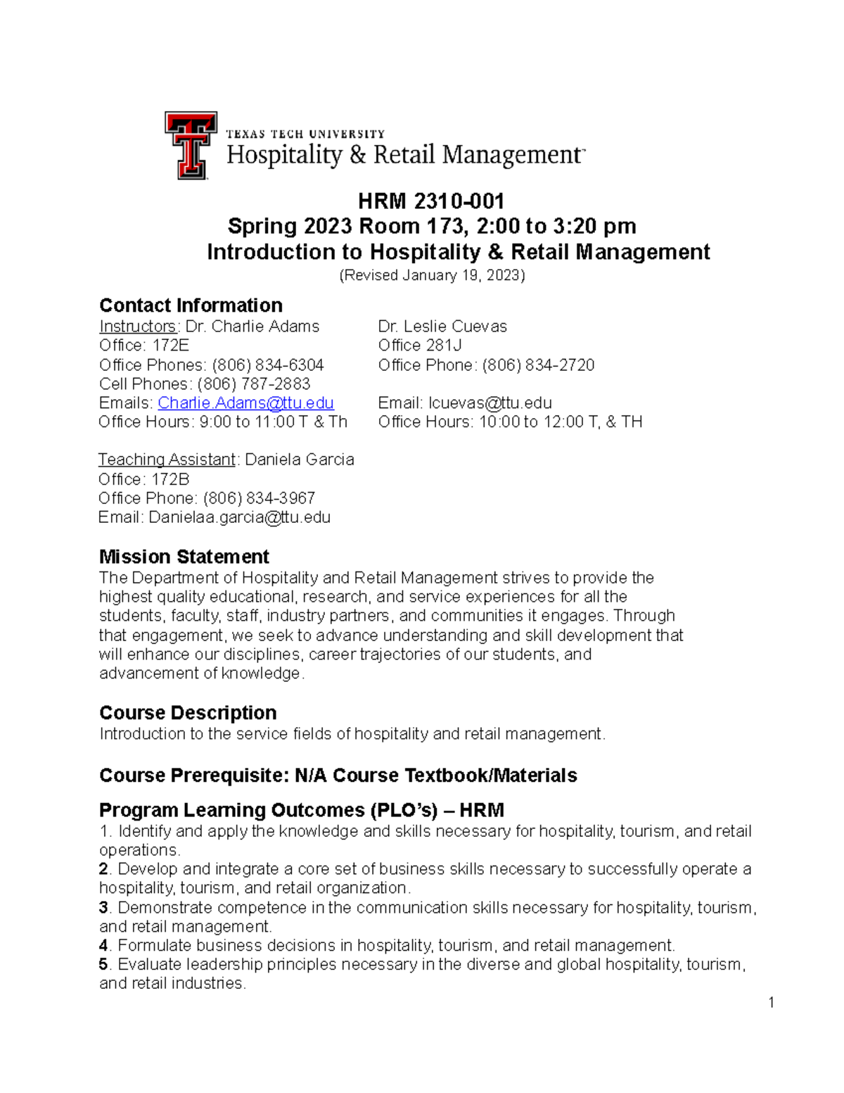 HRM 2310-001 Syllabus Spring 2023 - HRM 2310- Spring 2023 Room 173, 2: ...