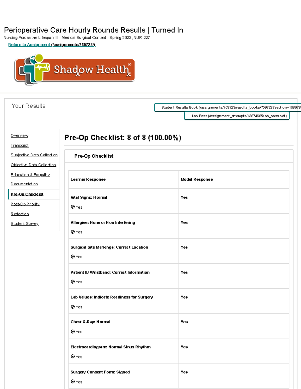 Sonia Best Perioperative Shadow Health preop checklist - Perioperative ...