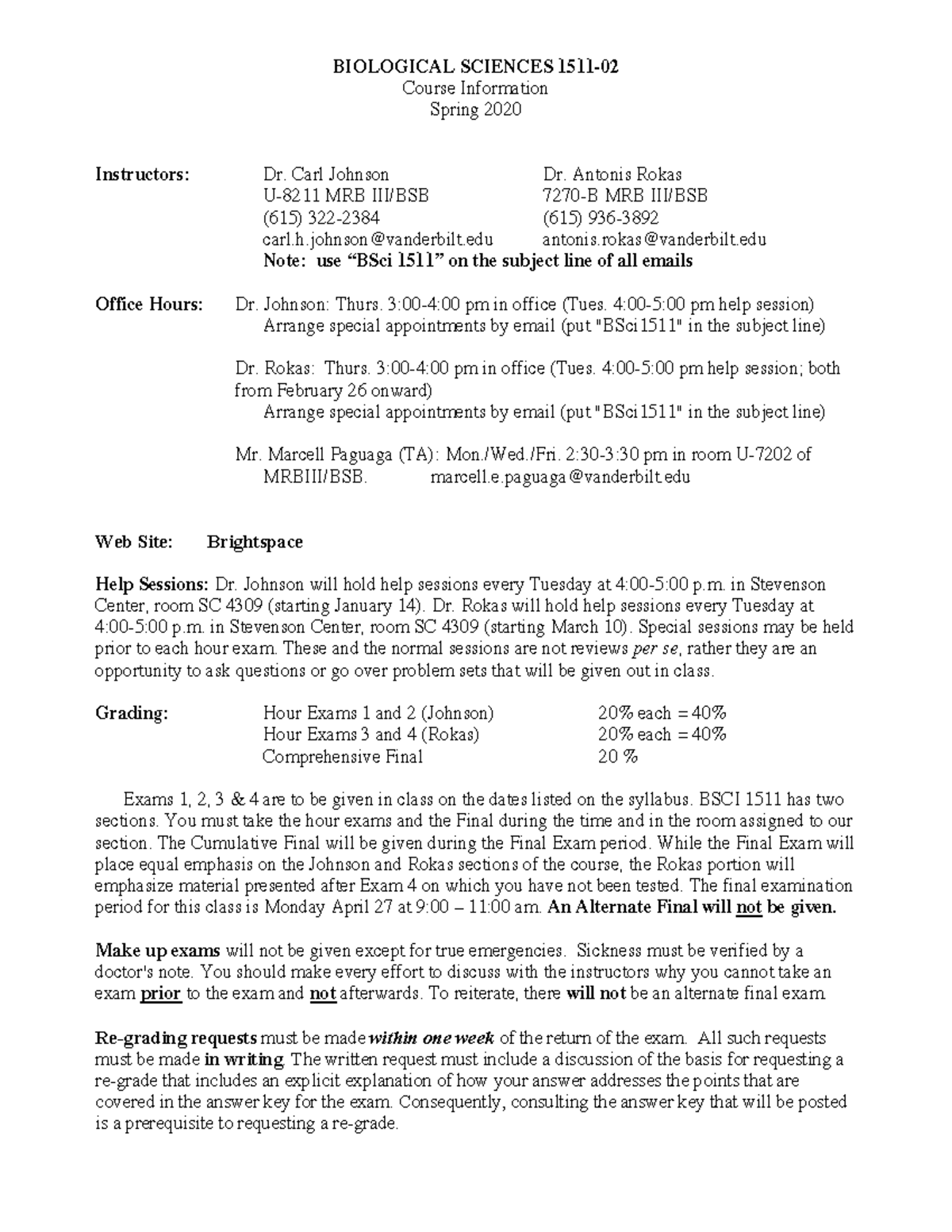 BSci 1511 Syllabus - Course Information Spring 2020 Instructors: Dr ...