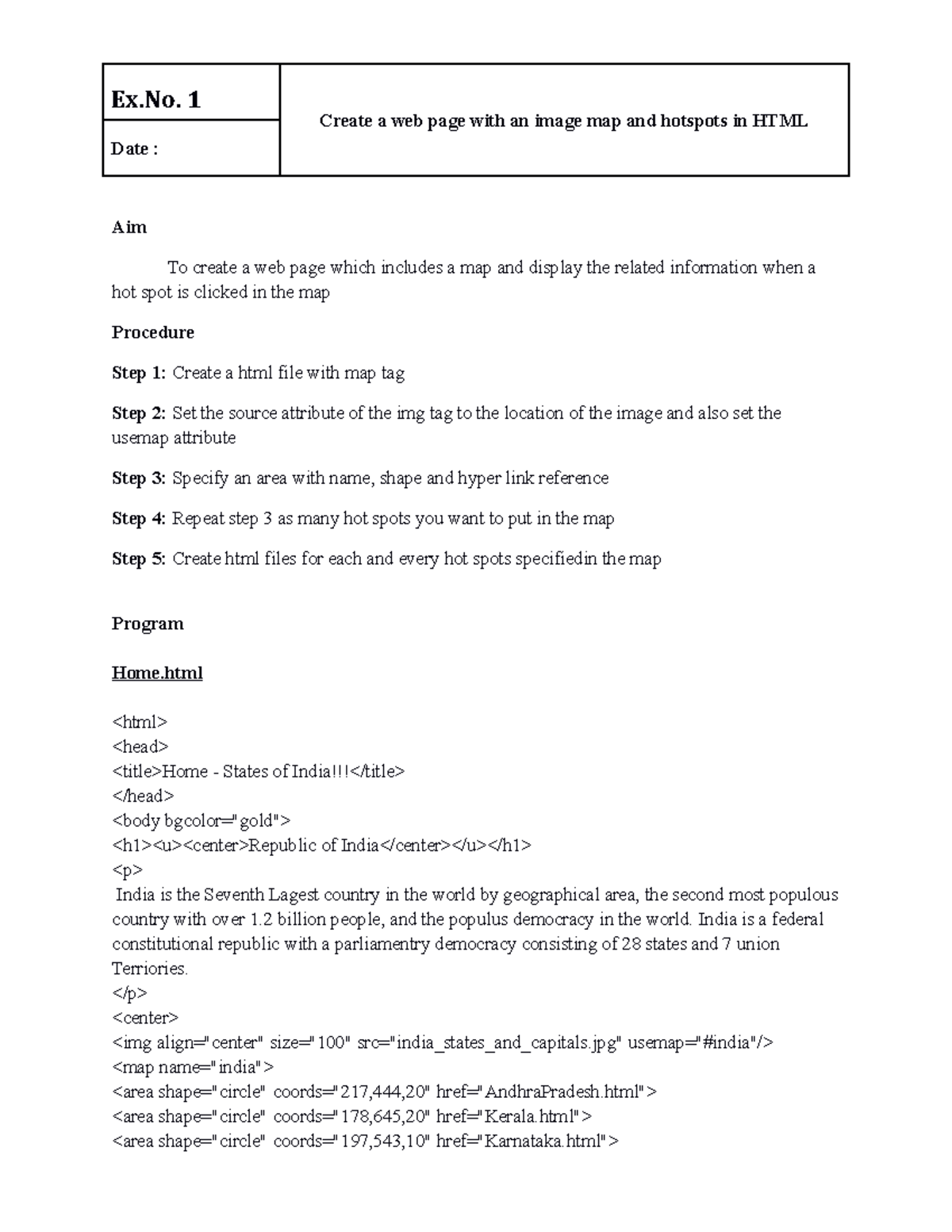 IP Lab Record 25 - Ex. 1 Create a web page with an image map and ...