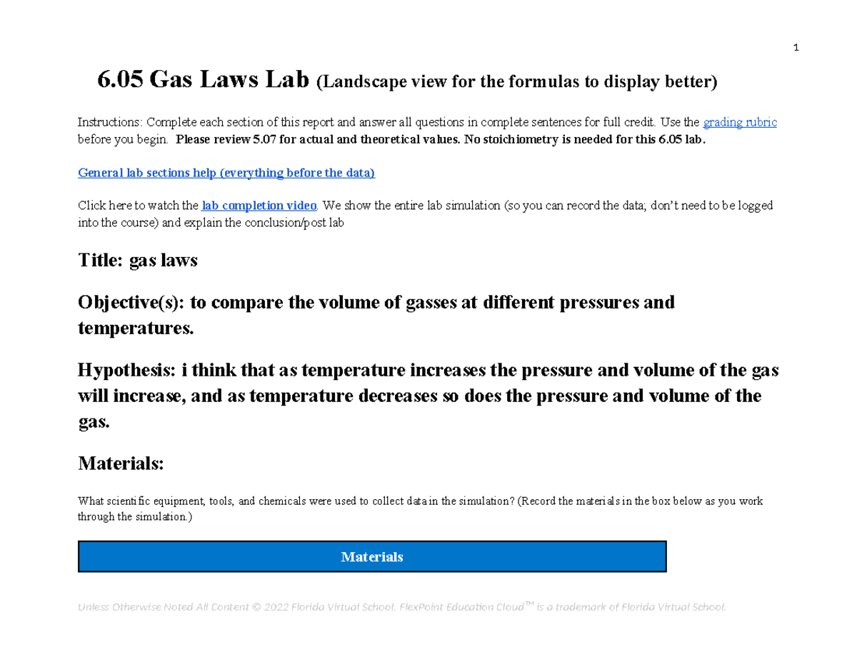 Copy of 6.05 Gas Laws Lab-V22 - 6 Gas Laws Lab (Landscape view for the ...