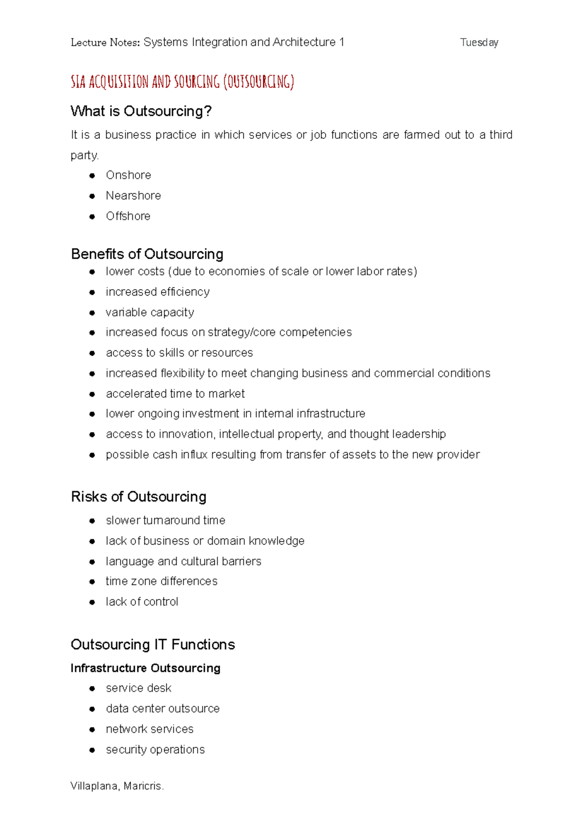 Sia Outsourcing Week7 Lecture Notes Lecture Notes Systems Integration And Architecture 1 