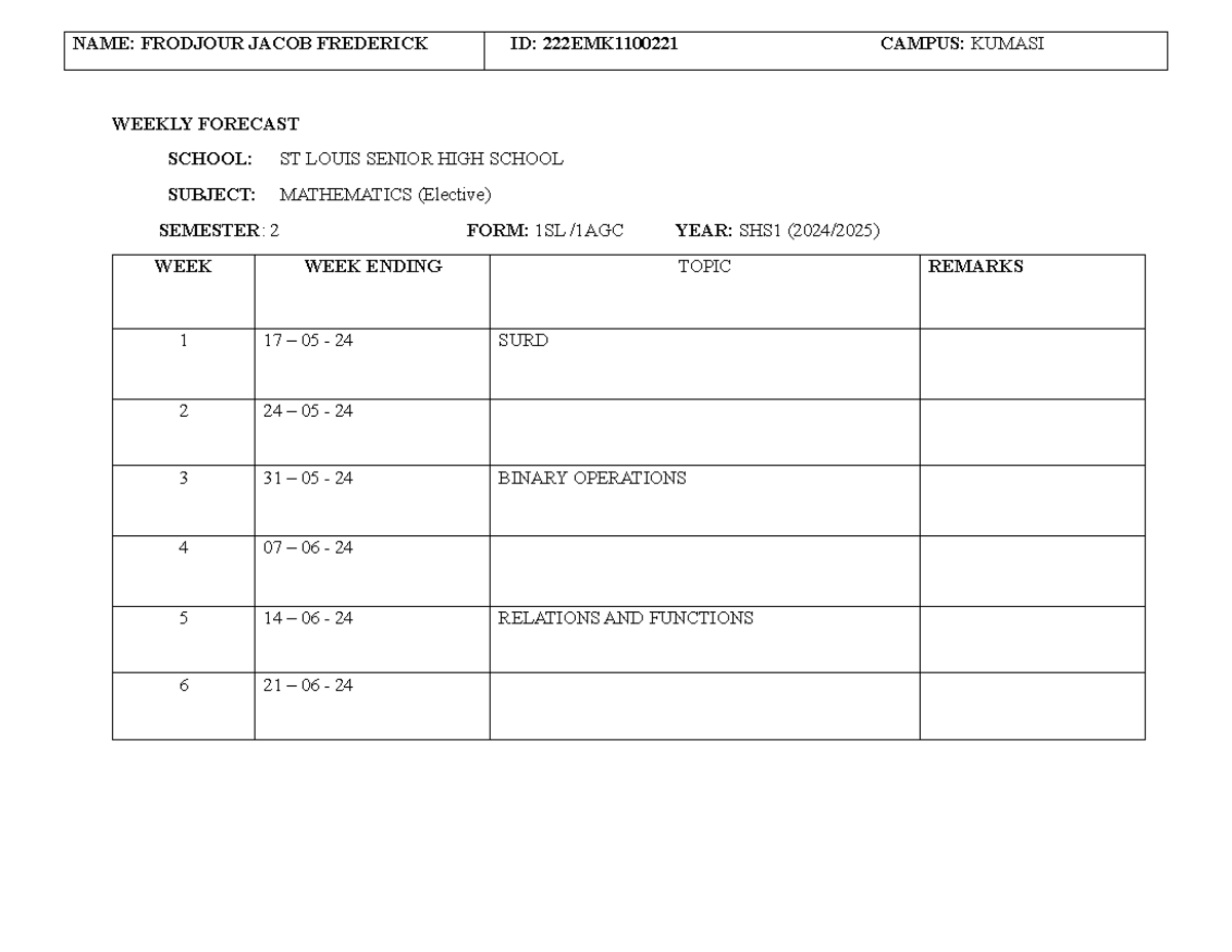Lesson Notes - For studies purpose - WEEKLY FORECAST SCHOOL: ST LOUIS ...