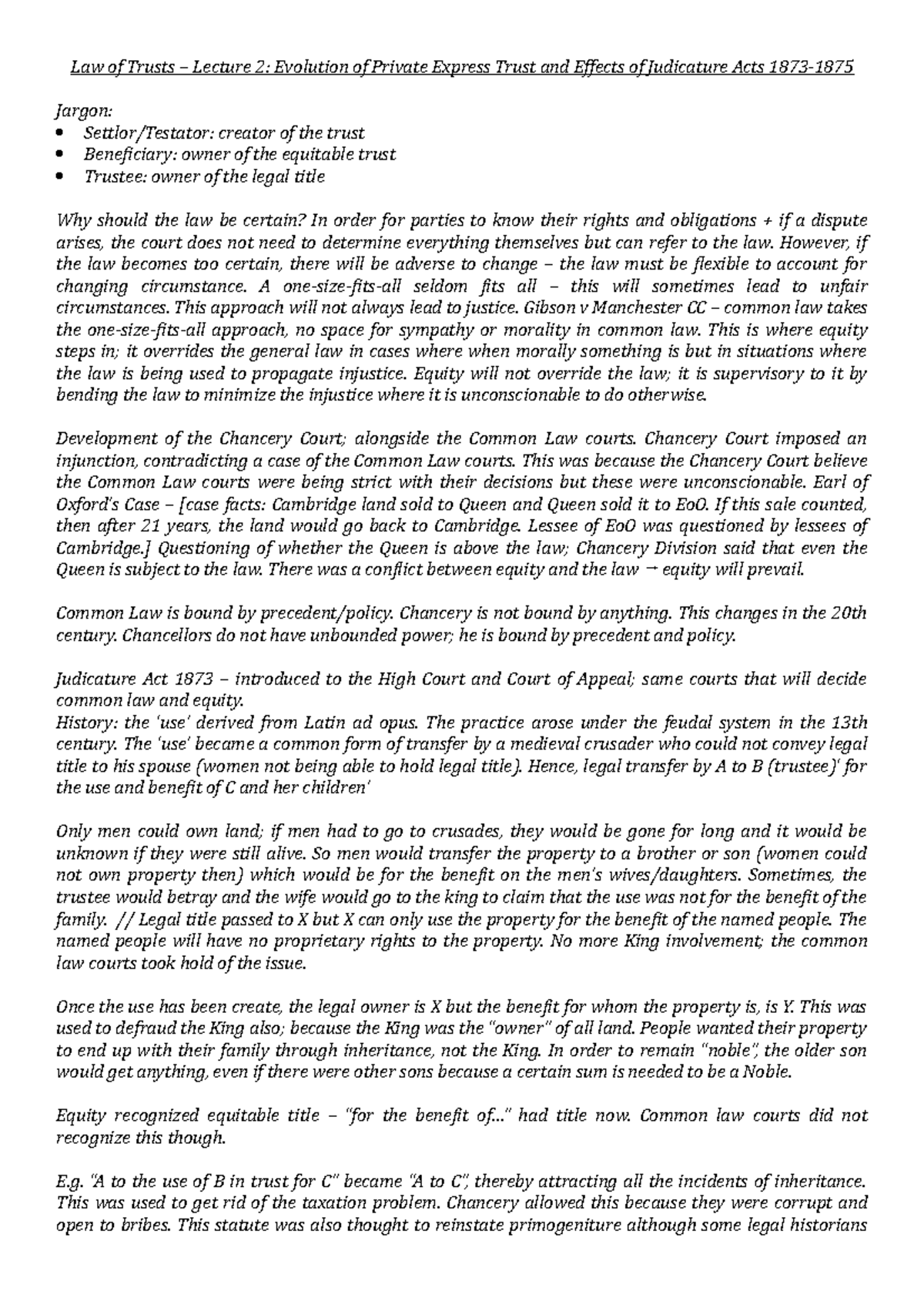 Lecture 2 - Law of Trusts – Lecture 2: Evolution of Private Express Trust and Effects of ...