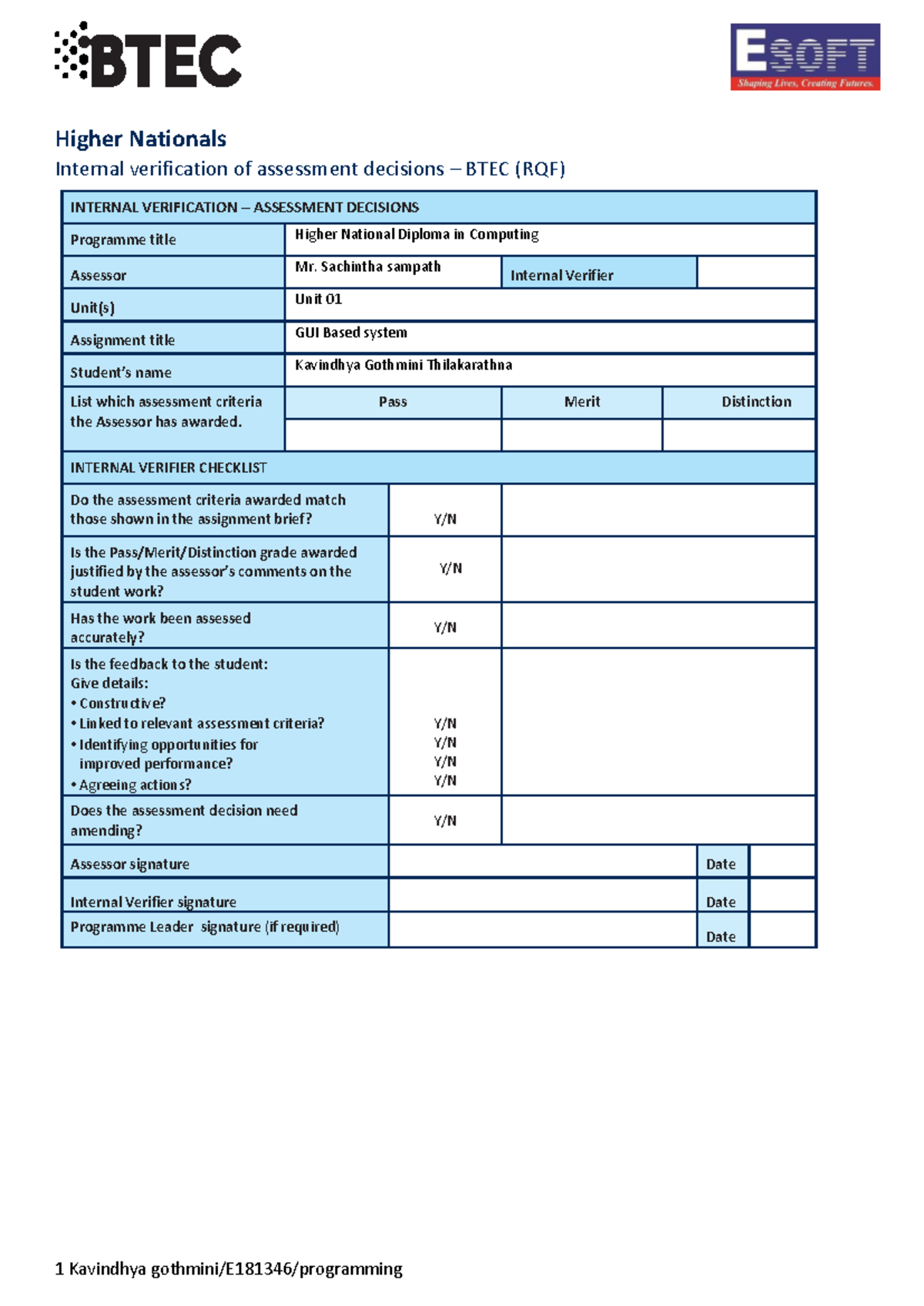 Programming final assignment - Higher Nationals Internal verification ...