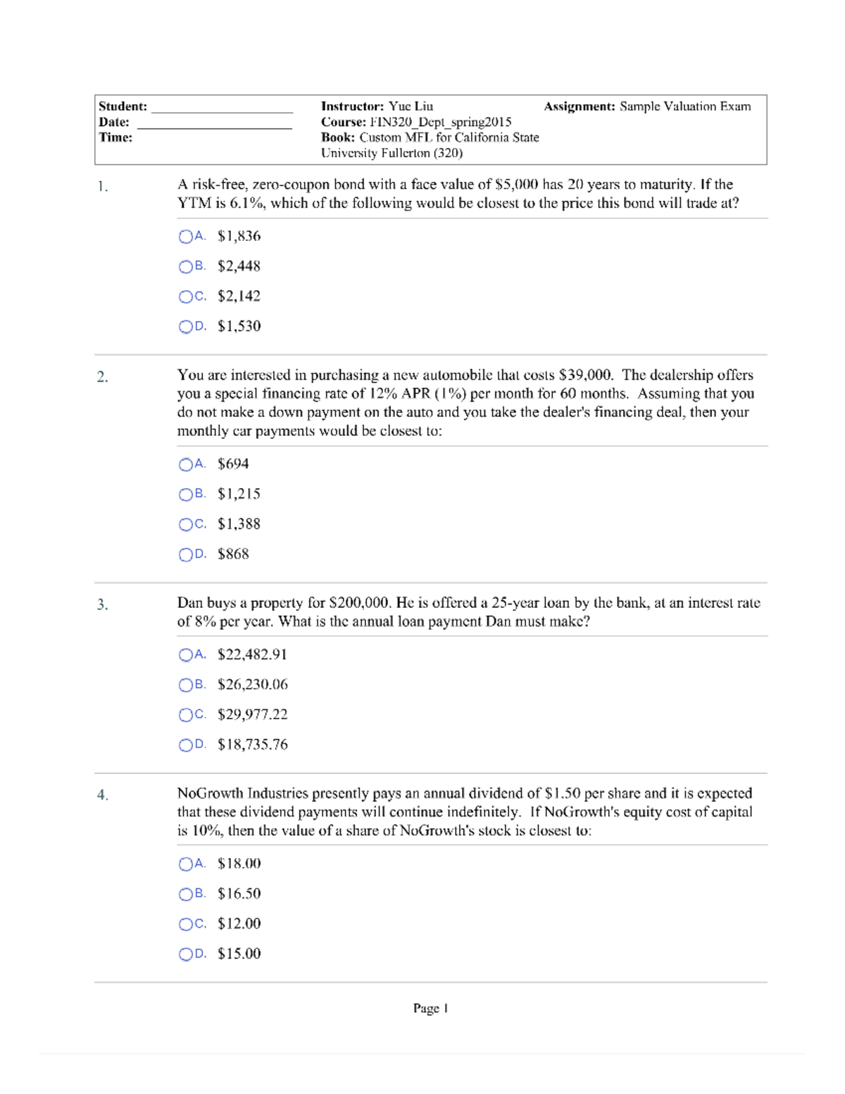 Sample Valuation Exam(Department) - FIN 320 - Studocu