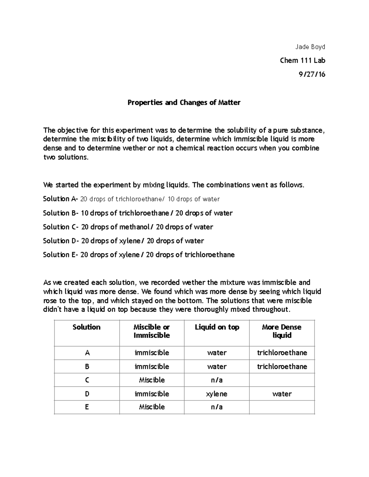 Lab 2 Properties and Changes of Matter - We started the experiment ...
