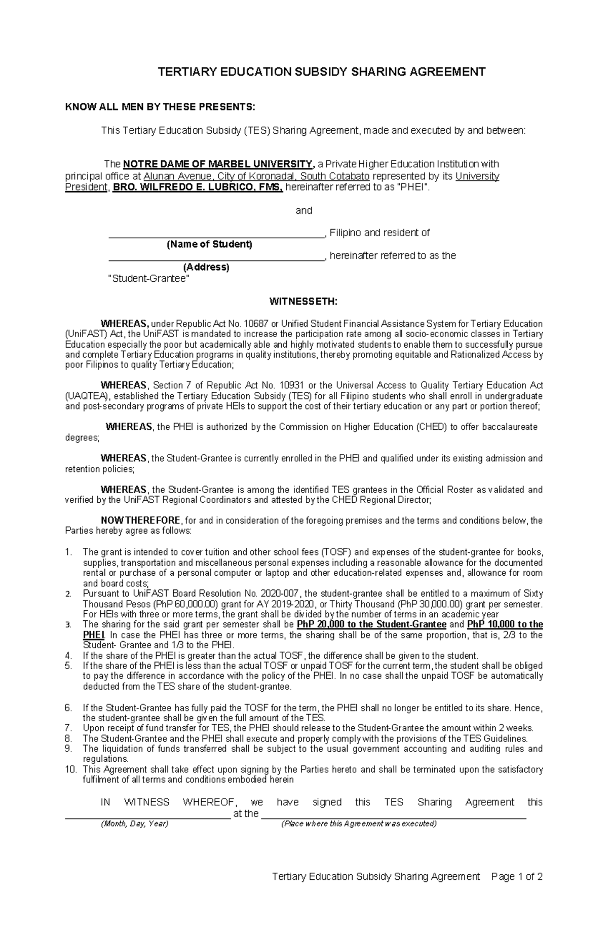 TES sharing agreement ay 2019 2020 - Tertiary Education Subsidy Sharing ...