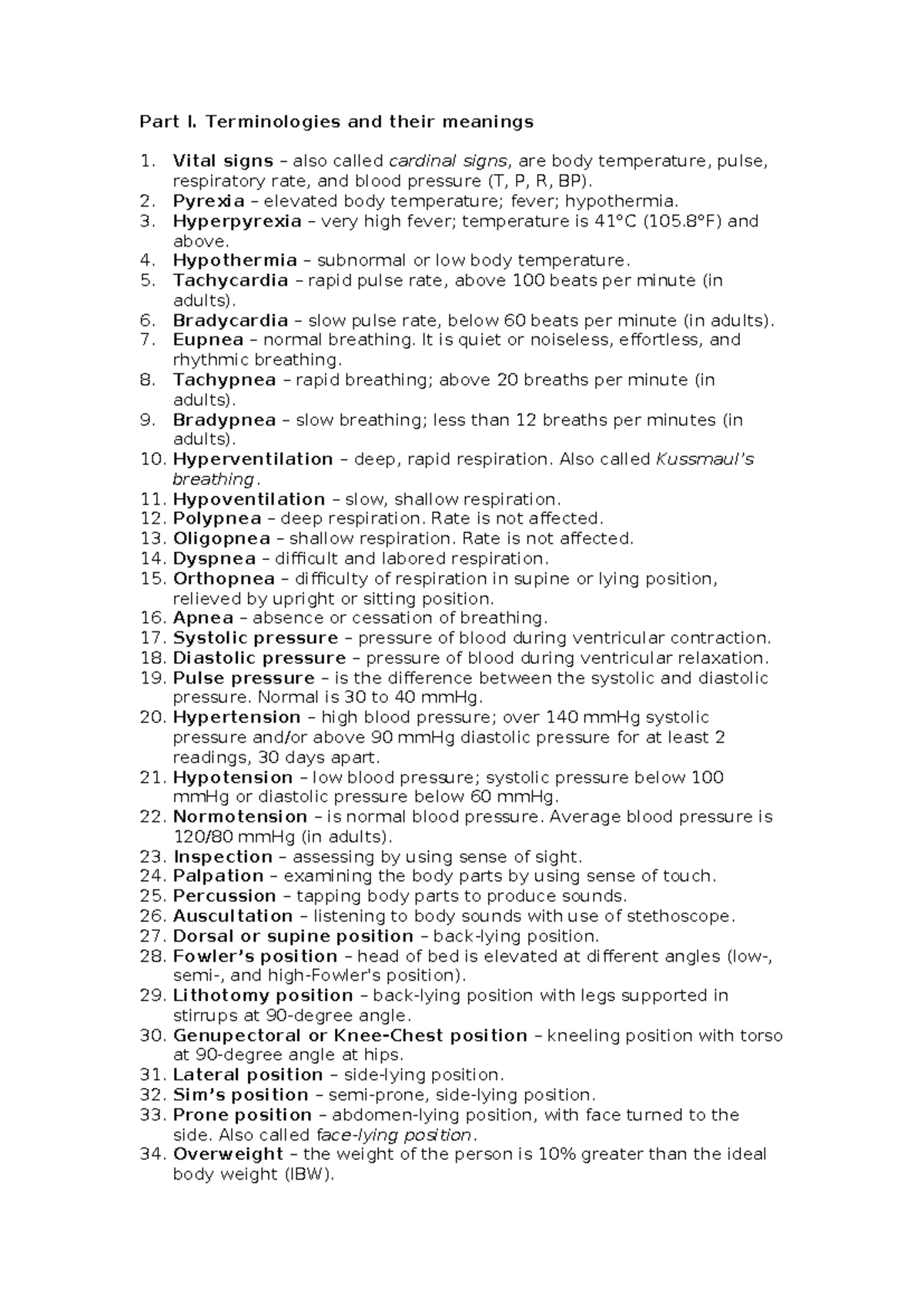 Part-I - lecture notes - Part I. Terminologies and their meanings Vital ...