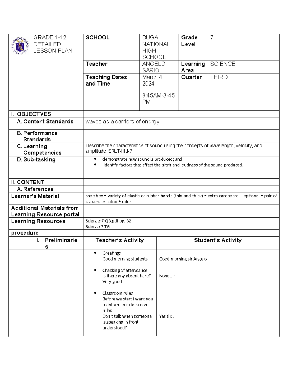 Sounddlp 074528 - LESSON PLAN SOUND GRADE 7 - GRADE 1- DETAILED LESSON ...