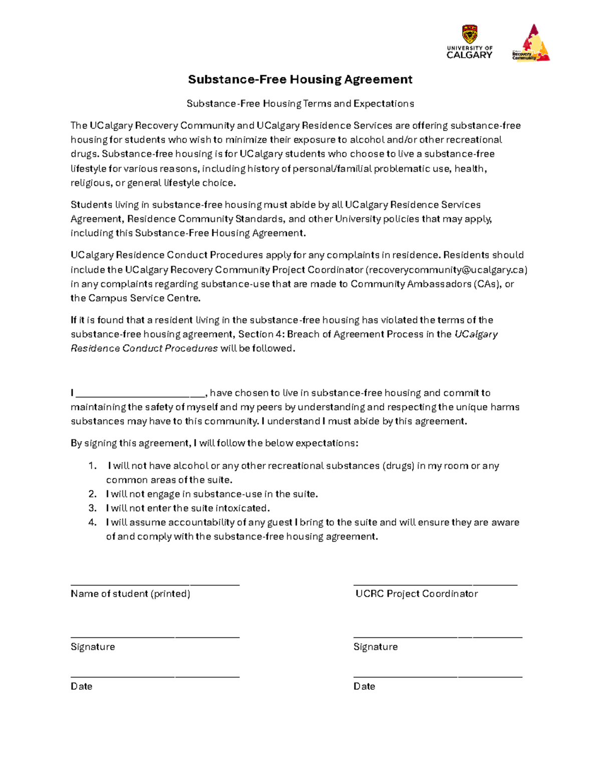 notes of the class - Substance-Free Housing Agreement Substance-Free ...