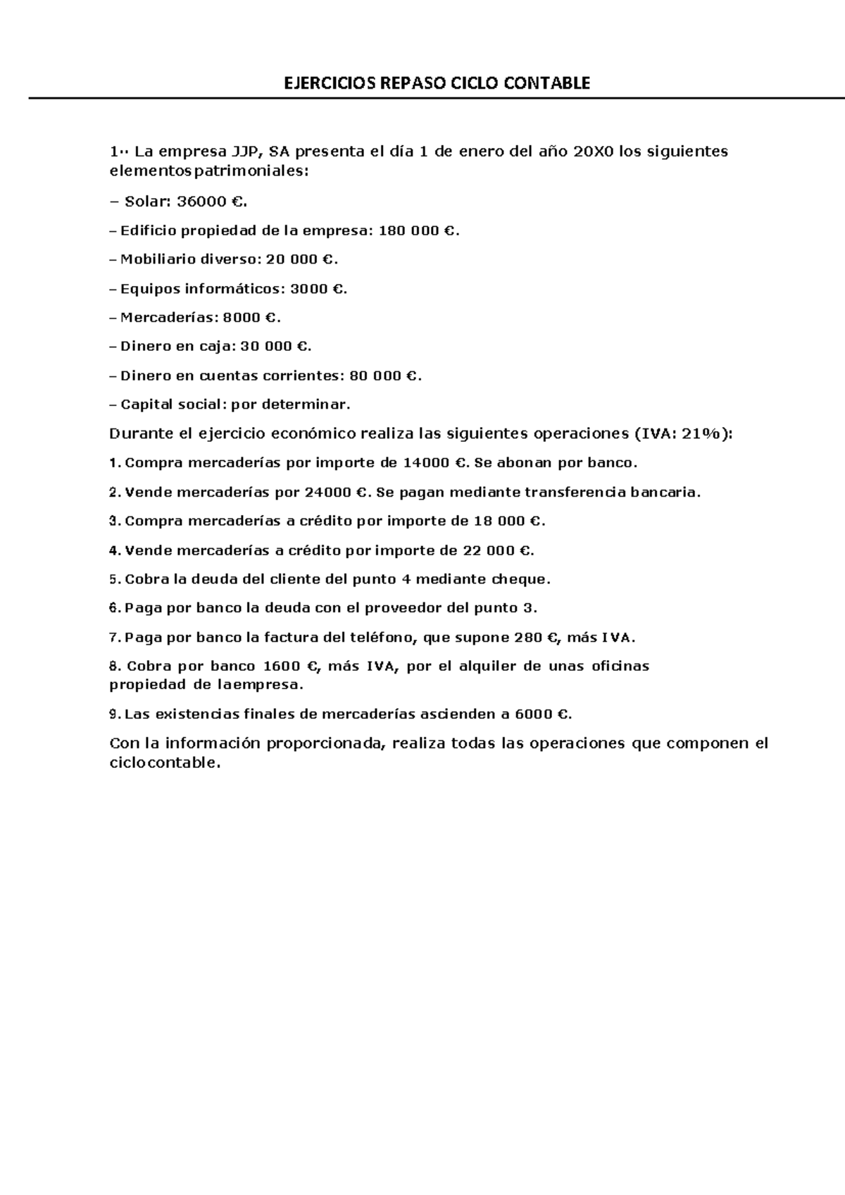 Ejercicios Repaso Ciclo Contable - EJERCICIOS REPASO CICLO CONTABLE 1 ...