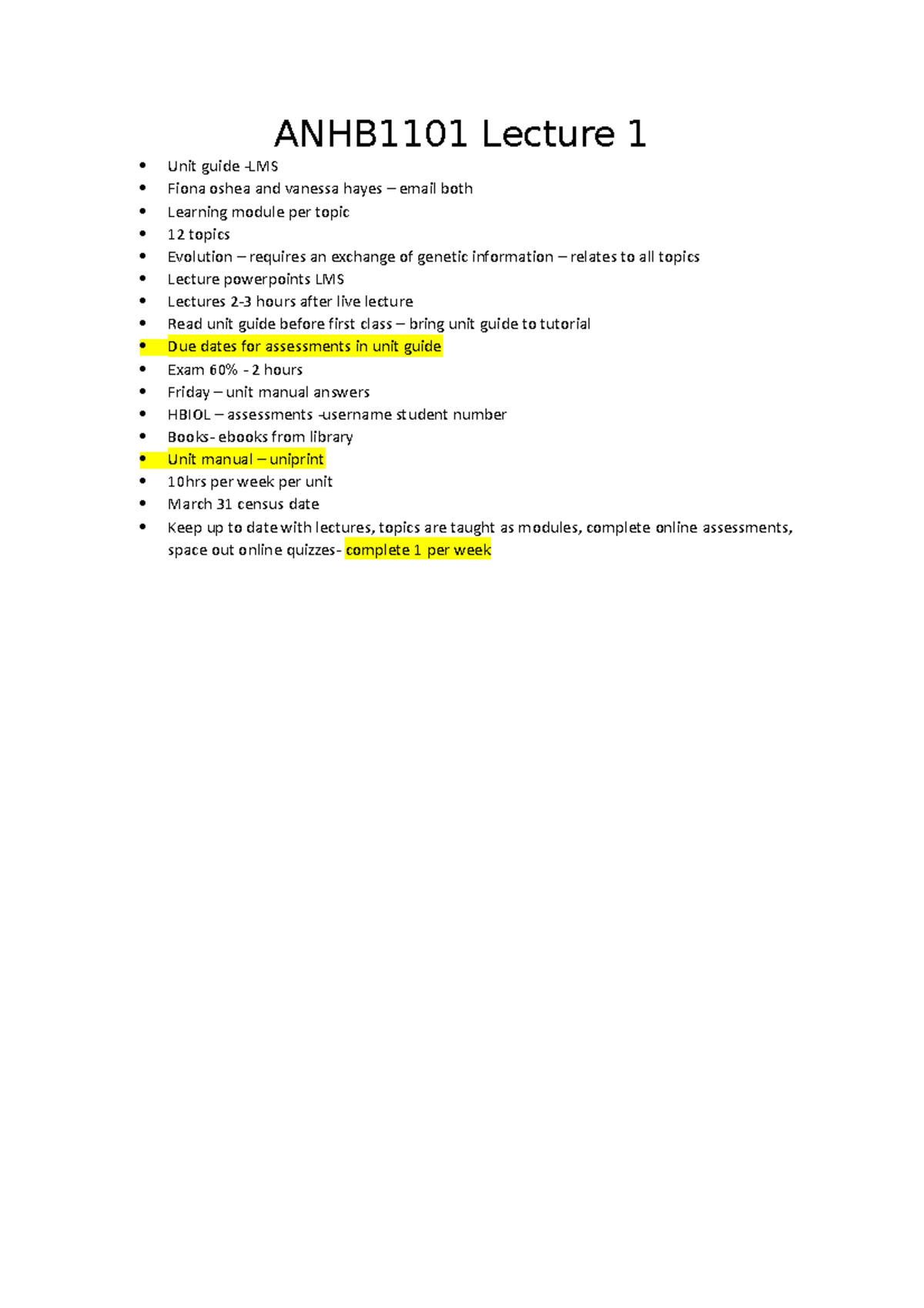 ANHB1101 Lecture 1 - Studocu