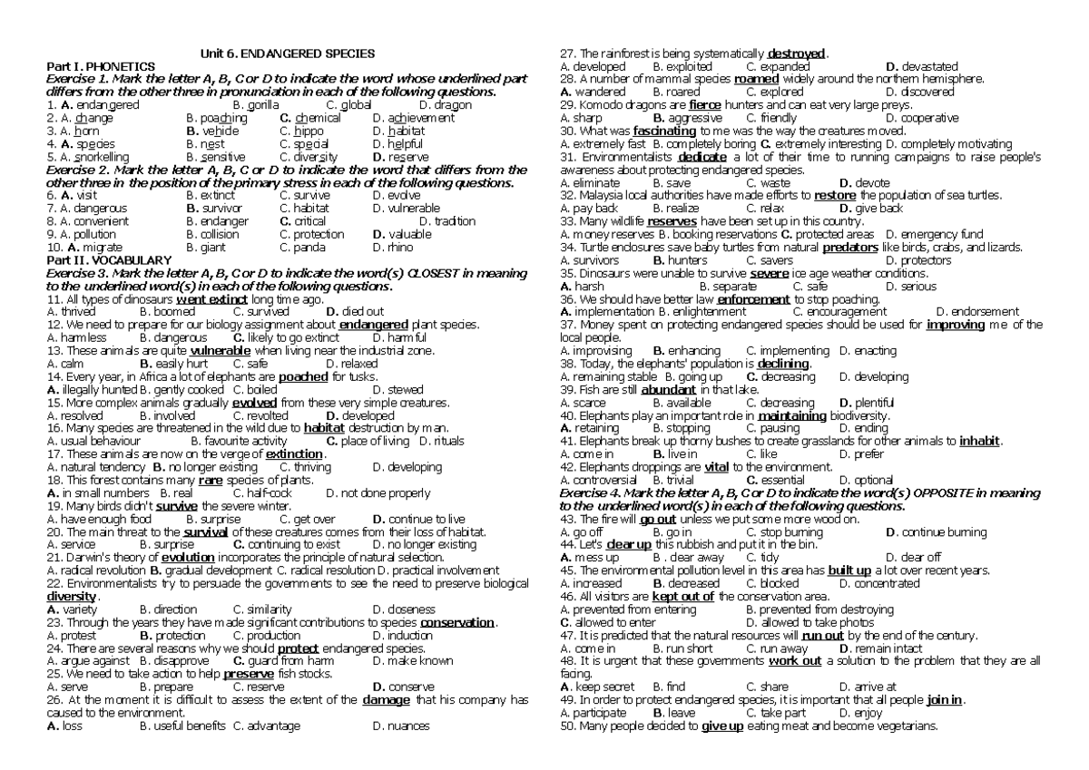 UNIT 6 (KEY) - practice exercise - Unit 6. ENDANGERED SPECIES Part I ...