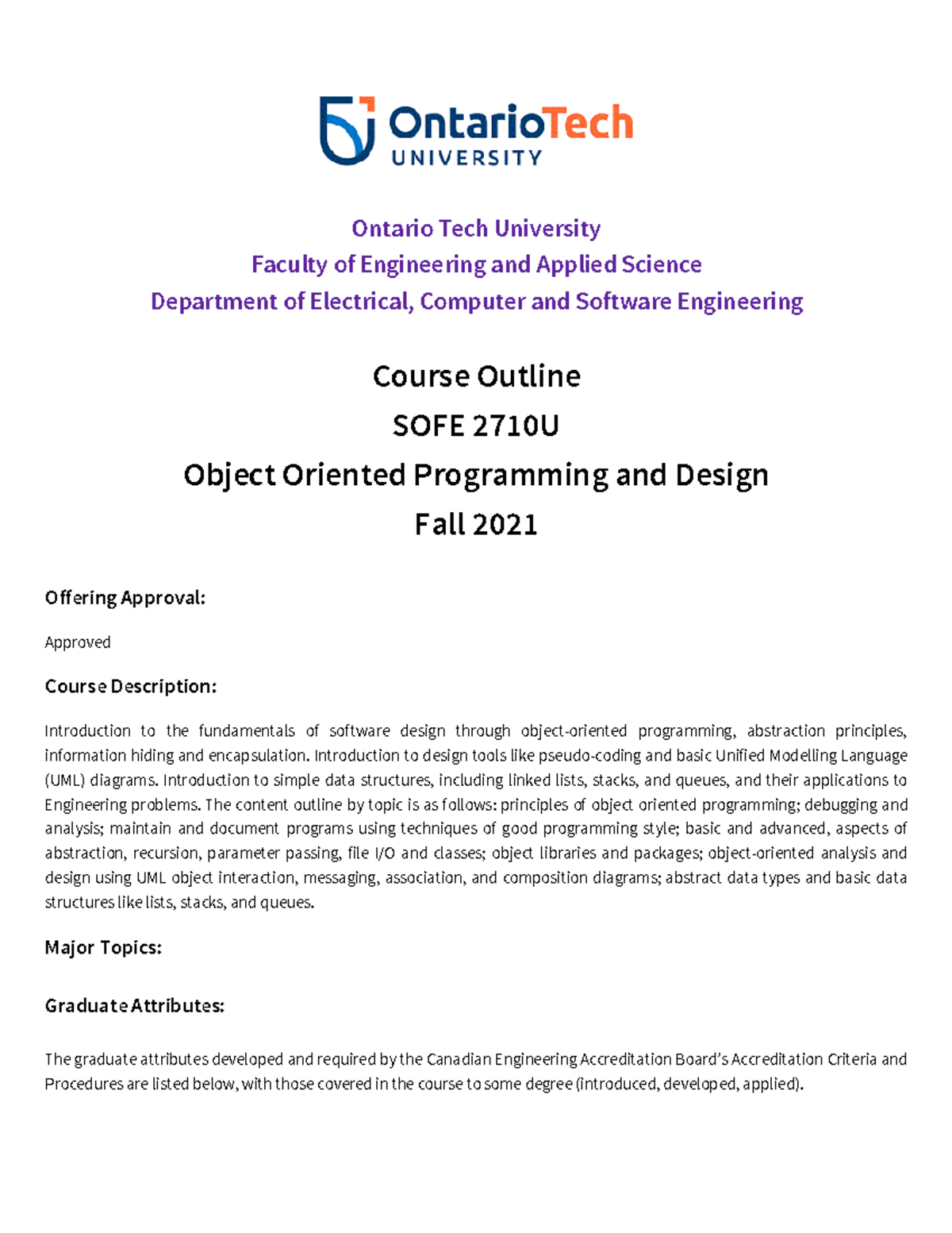Course Outline - SOFE 2710U - Fall 2021 - Fall 2021 - SOFE2720U ...