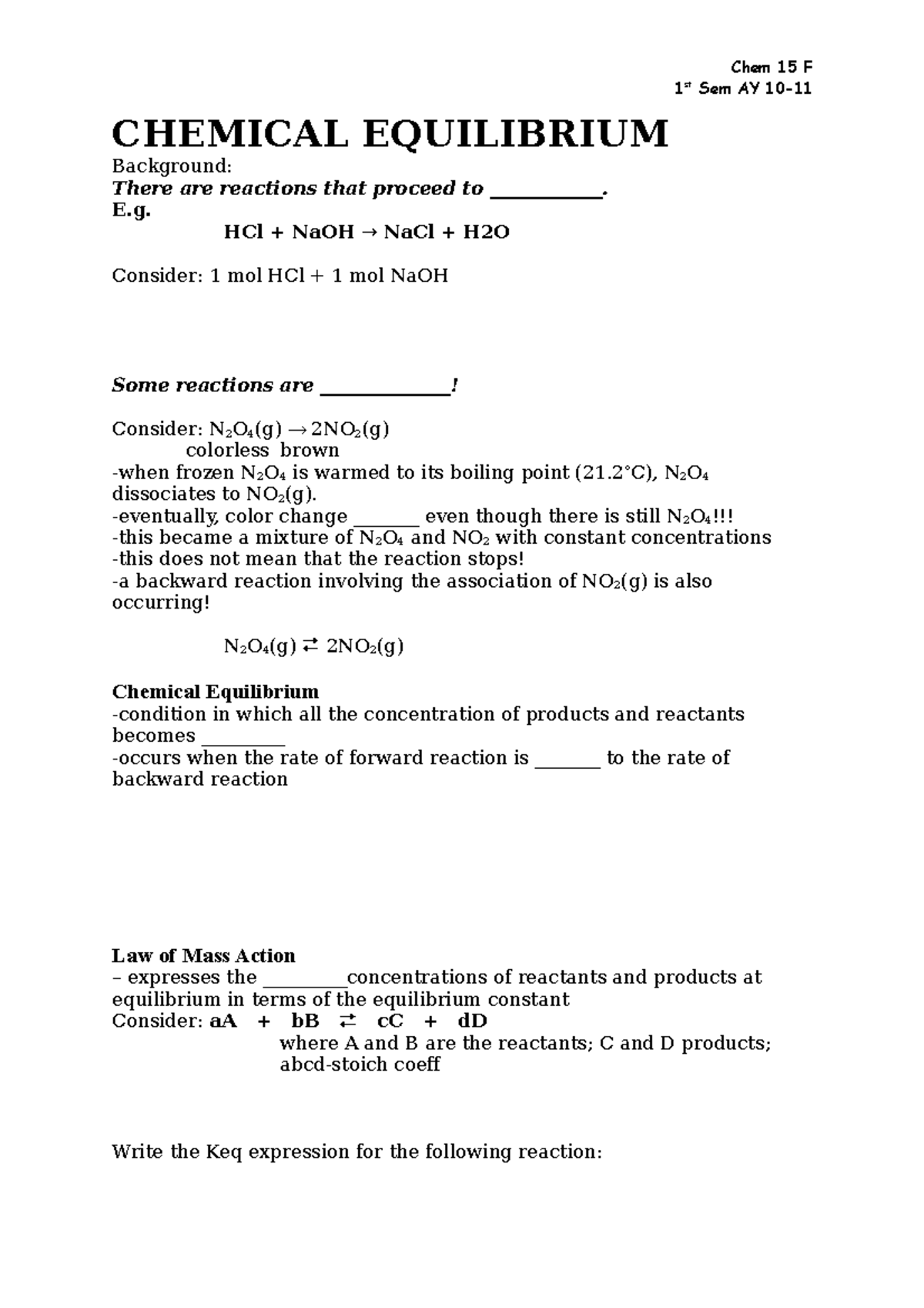 Chemical Equilibrium - Lecture notes 3 - 1 st Sem AY 10- CHEMICAL ...