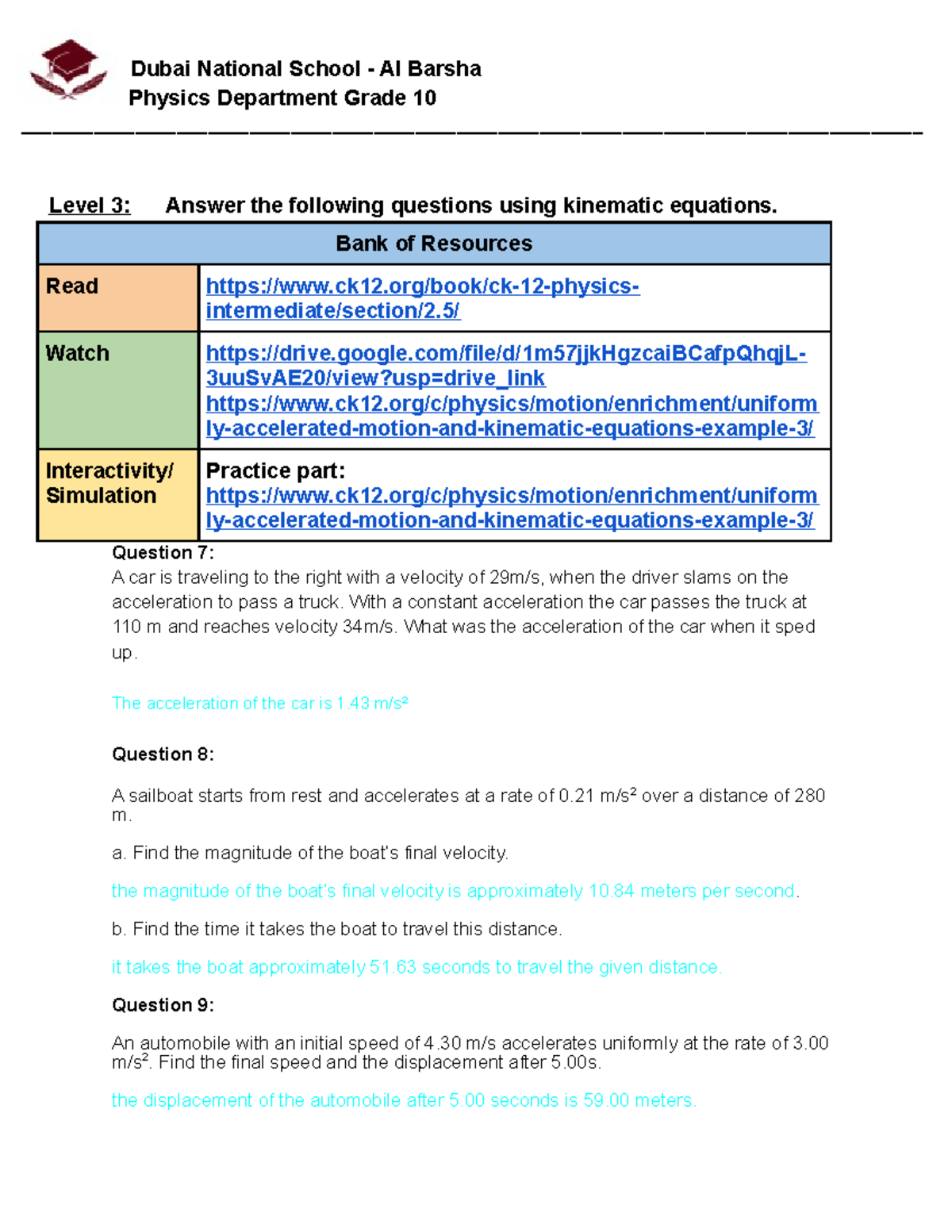 Physics Department Revision Sheet Grade 10 level 3 - Dubai National ...
