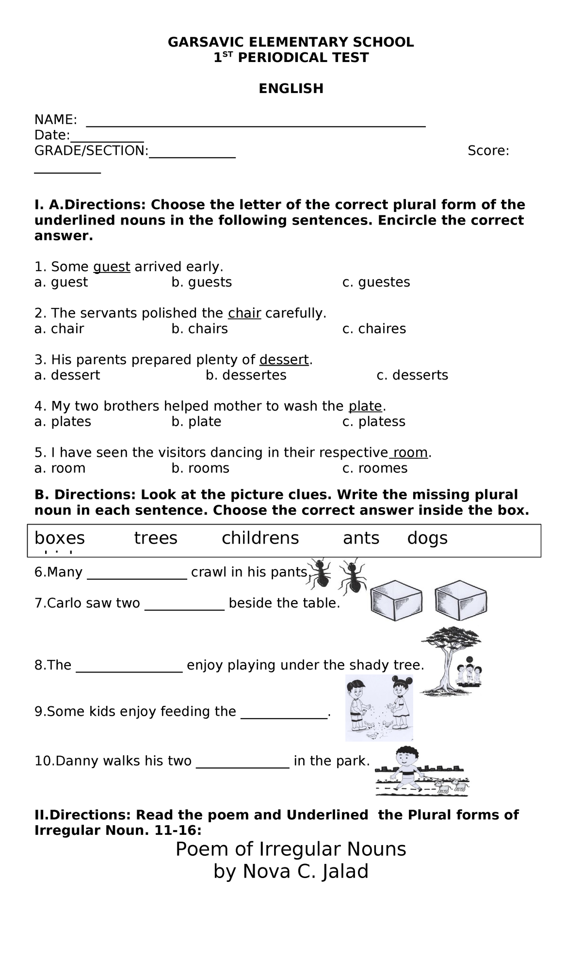 1st periodical test - GARSAVIC ELEMENTARY SCHOOL 1 ST PERIODICAL TEST ...