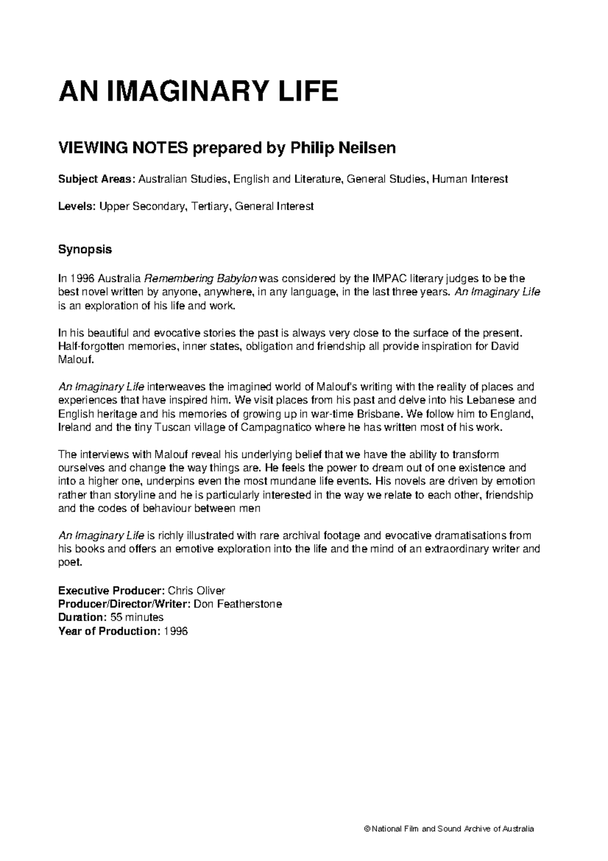 An imaginary life - synopsis and questions - nesa - AN IMAGINARY LIFE ...