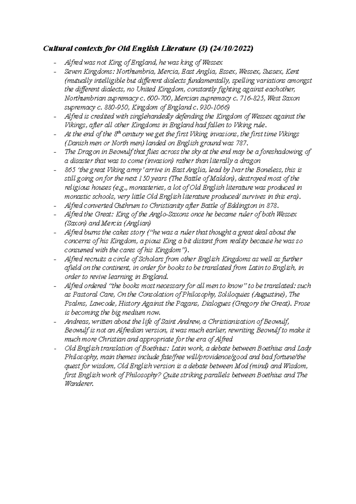 Cultural contexts for Old English Literature (3) lecture notes ...