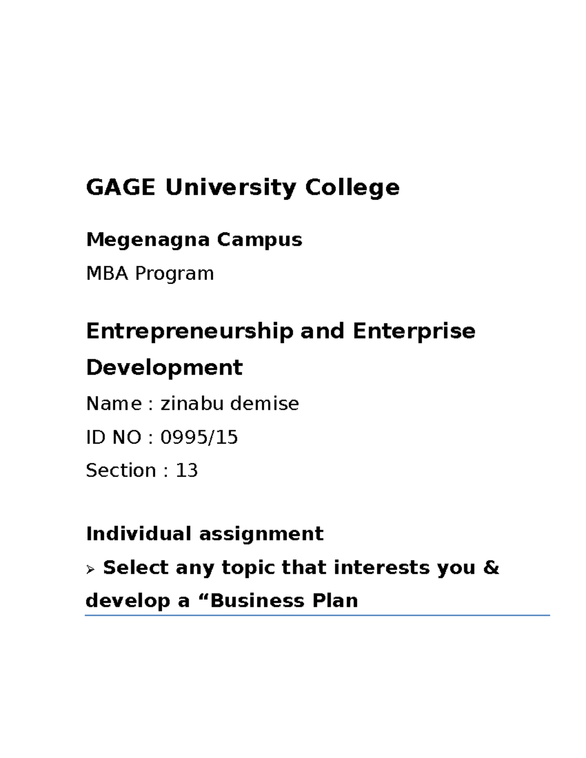 Guc- zinabu demise individual assignment - GAGE University College ...