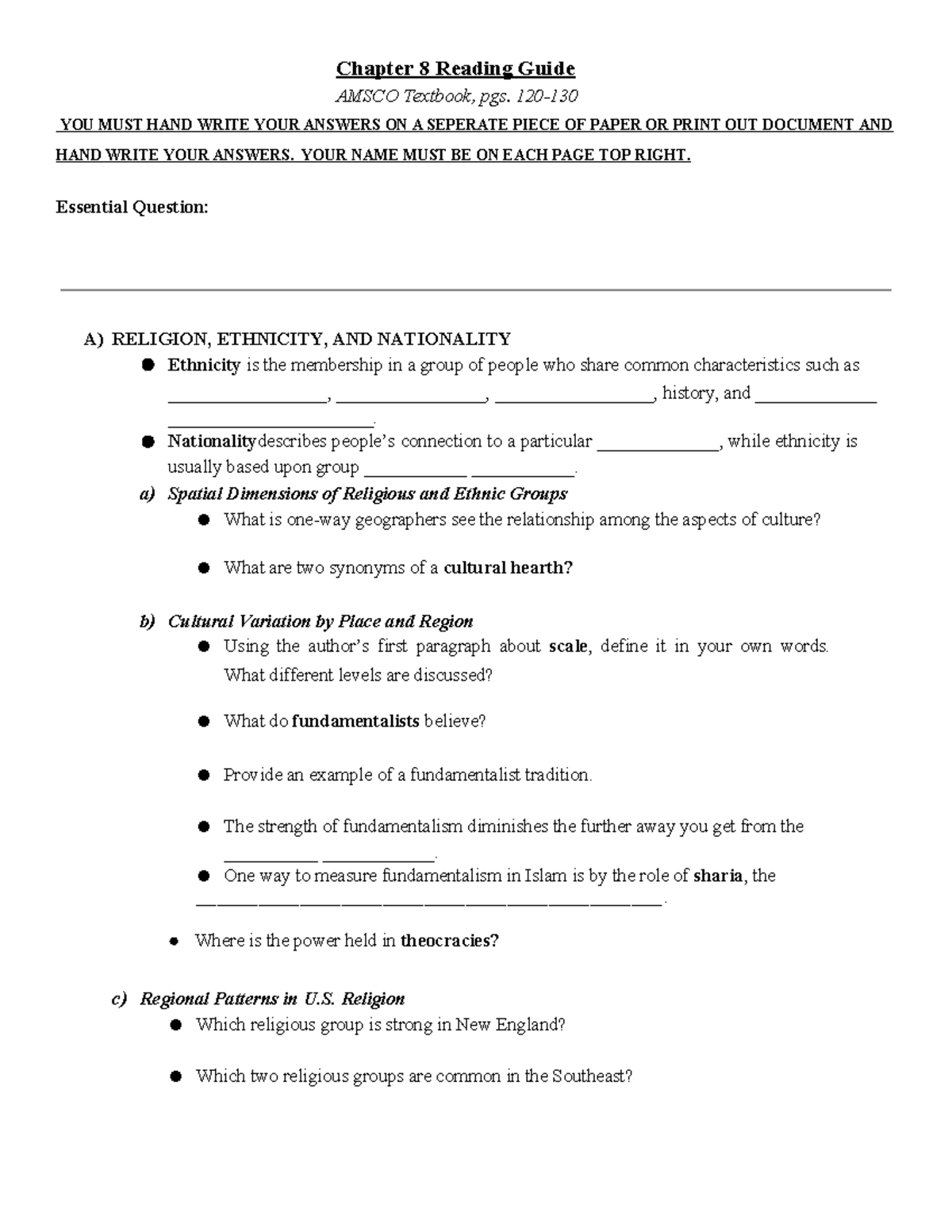 Amsco 2020Unit3Reading Guides Ch 8 Religion and Ethnicity 2024 ...