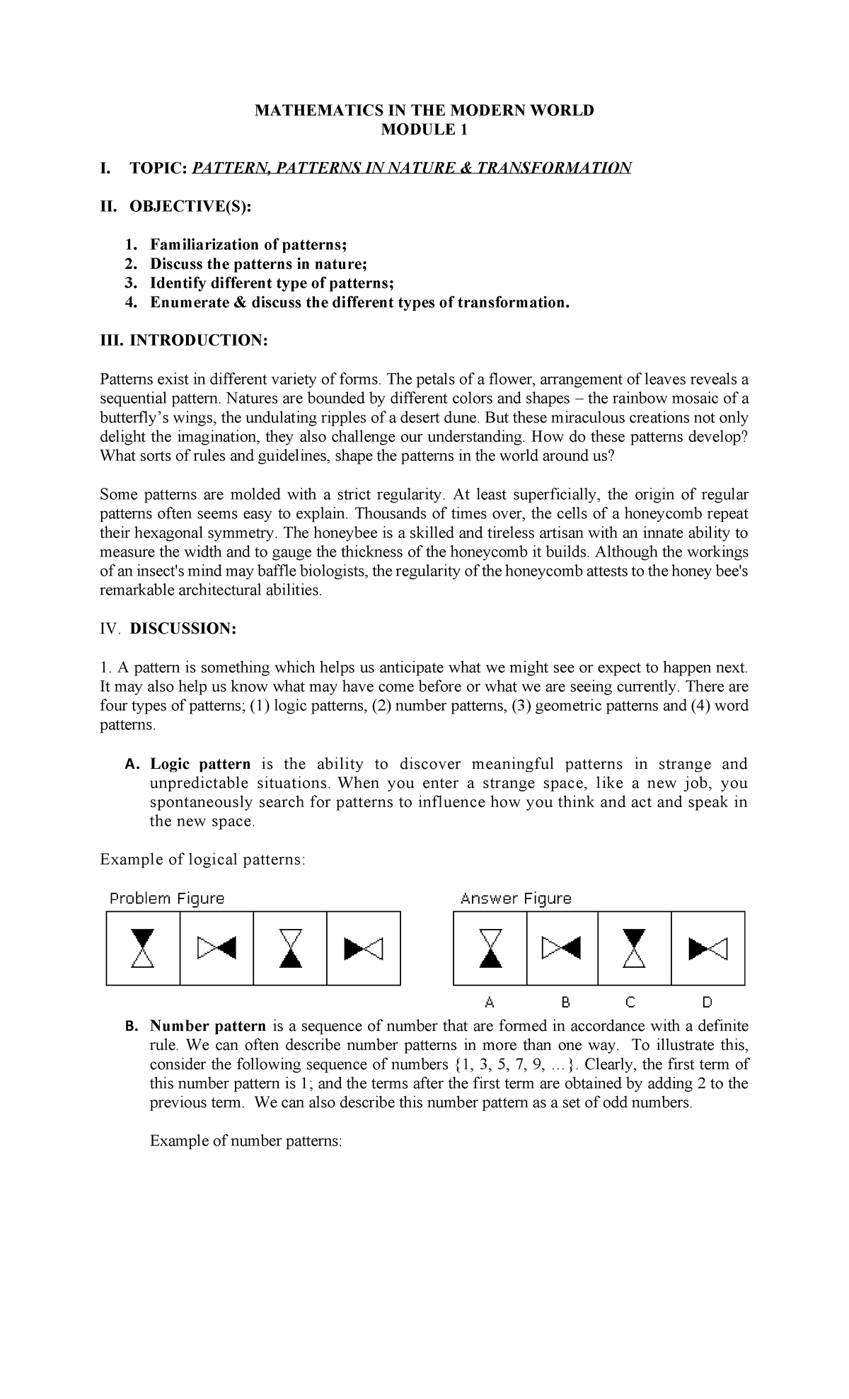 MMW Module 1 - Patterns, Transformation & Fractals - MATHEMATICS IN THE ...