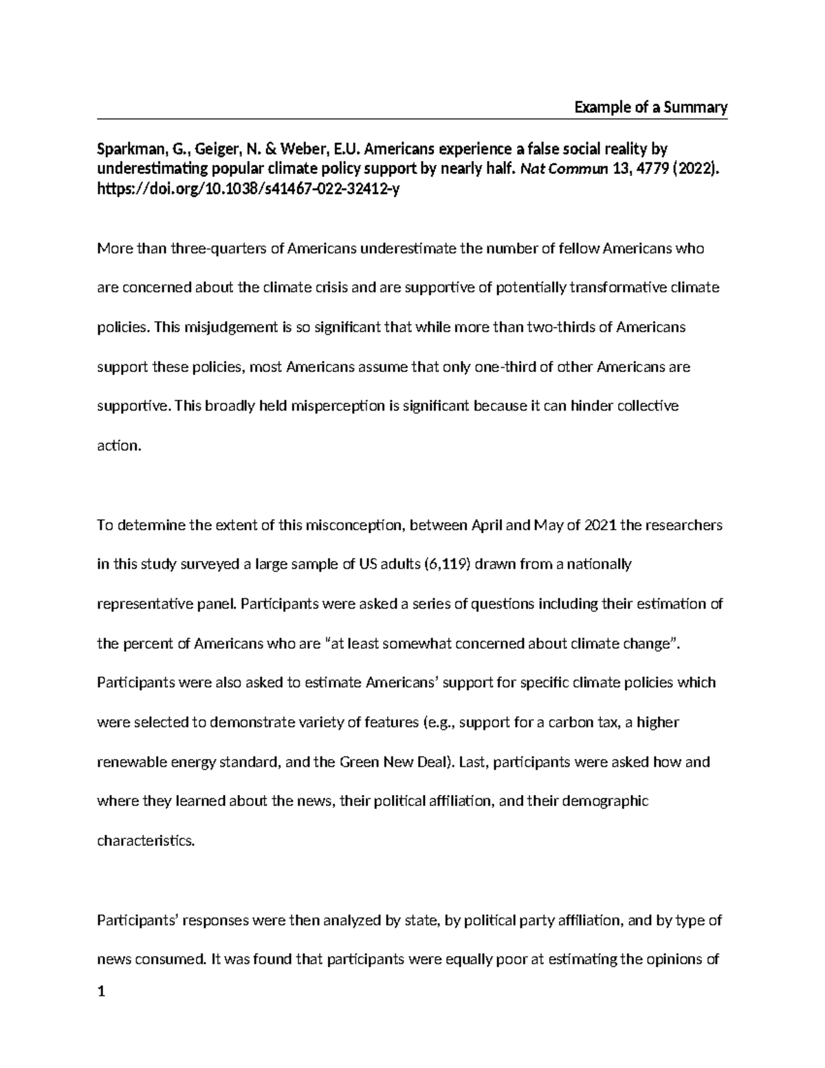 FSCI 500 Example of a Summary - Example of a Summary Sparkman, G ...