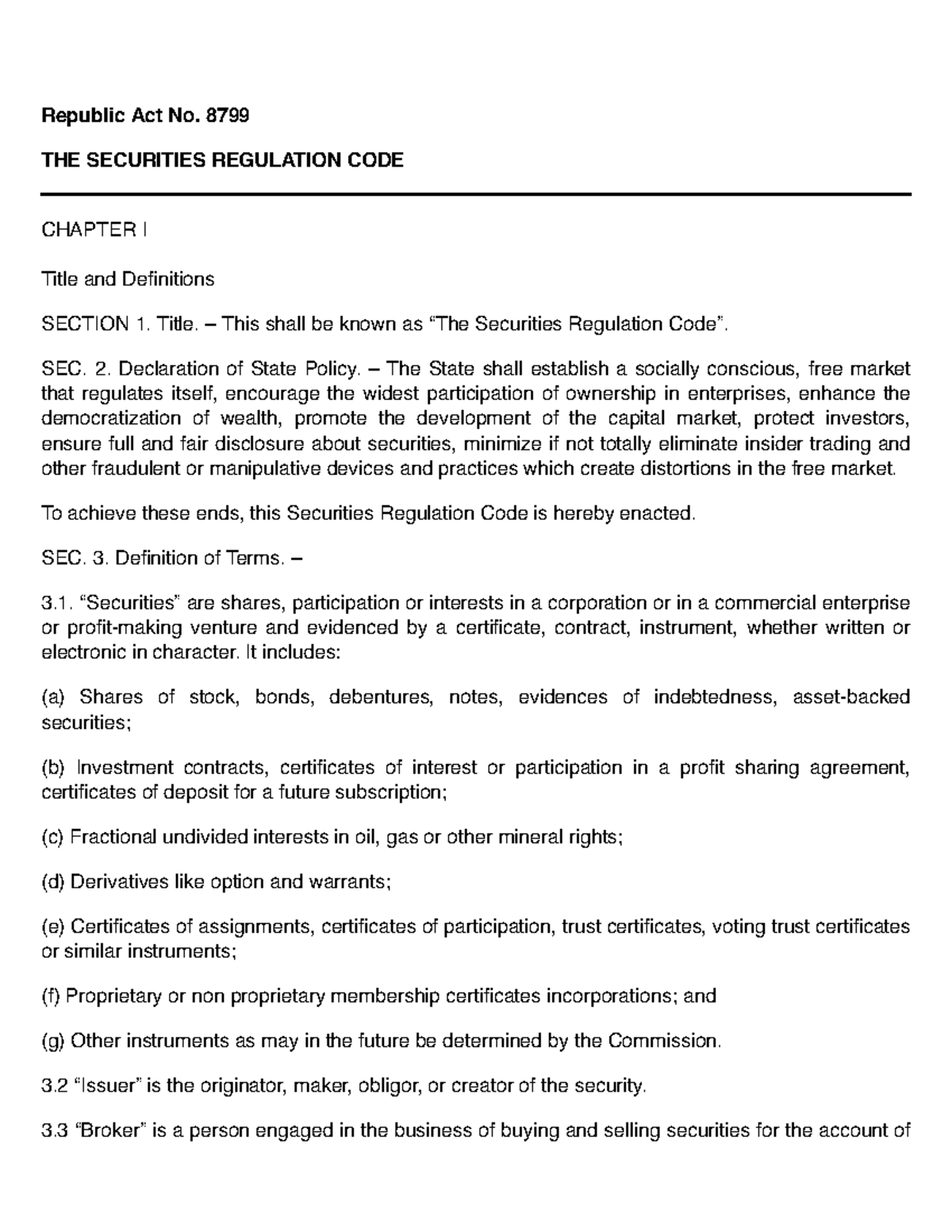 M1 Securities Regulation Code (RA 8799) - Republic Act No. 8799 THE ...