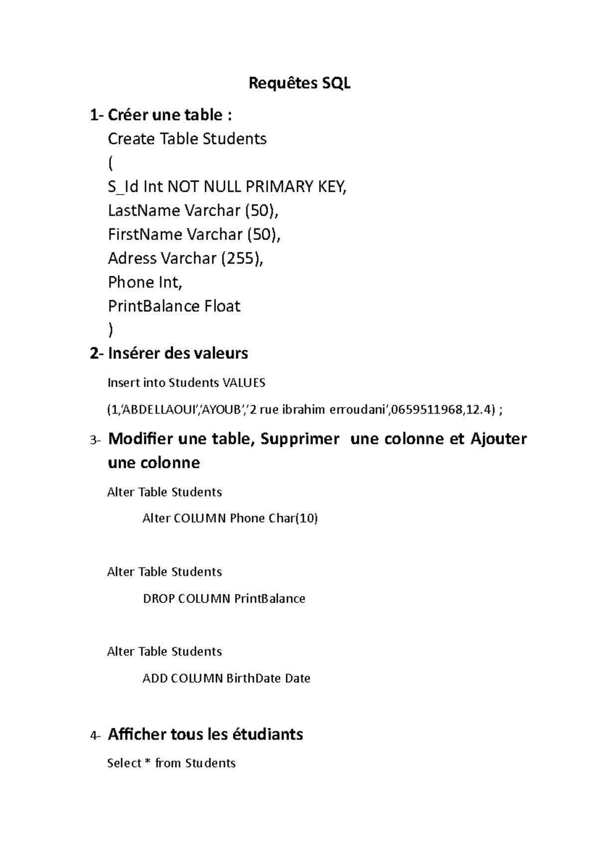 Programmation en HTML et CSS - Requêtes SQL 1- Créer une table : Create ...