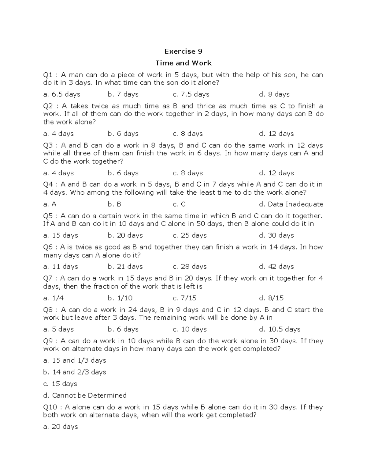 Time and Work 2 - this is the notes - Exercise 9 Time and Work Q1 : A ...