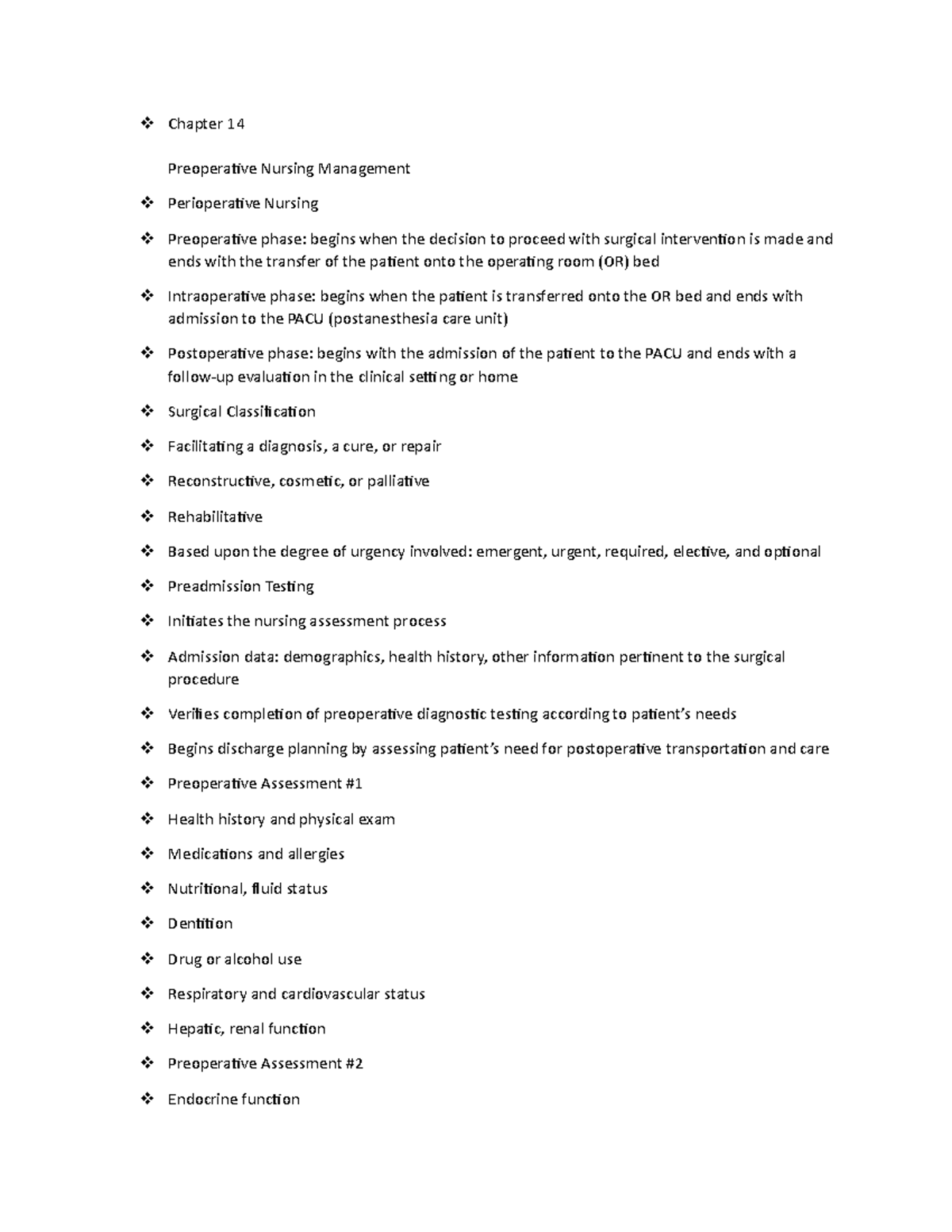 Chapter 14 - Notes - Chapter 14 Preoperative Nursing Management ...