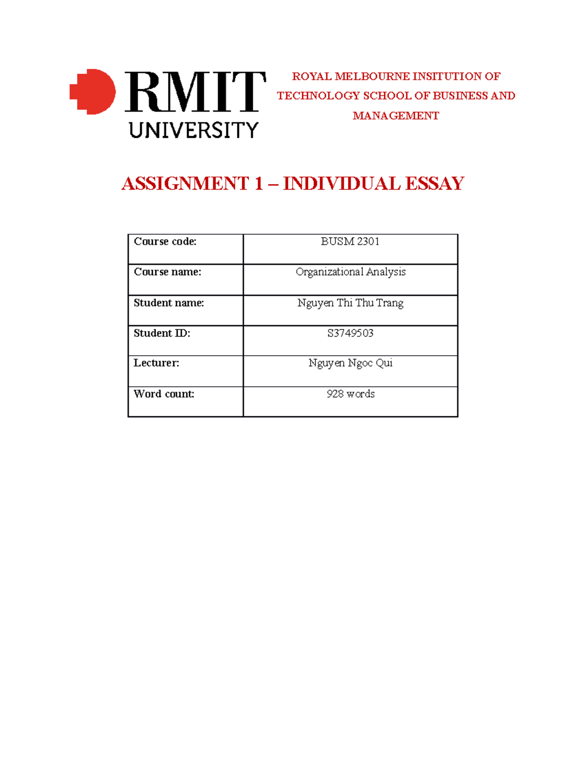 BUSM2301 Assignment 1 - ROYAL MELBOURNE INSITUTION OF TECHNOLOGY SCHOOL ...