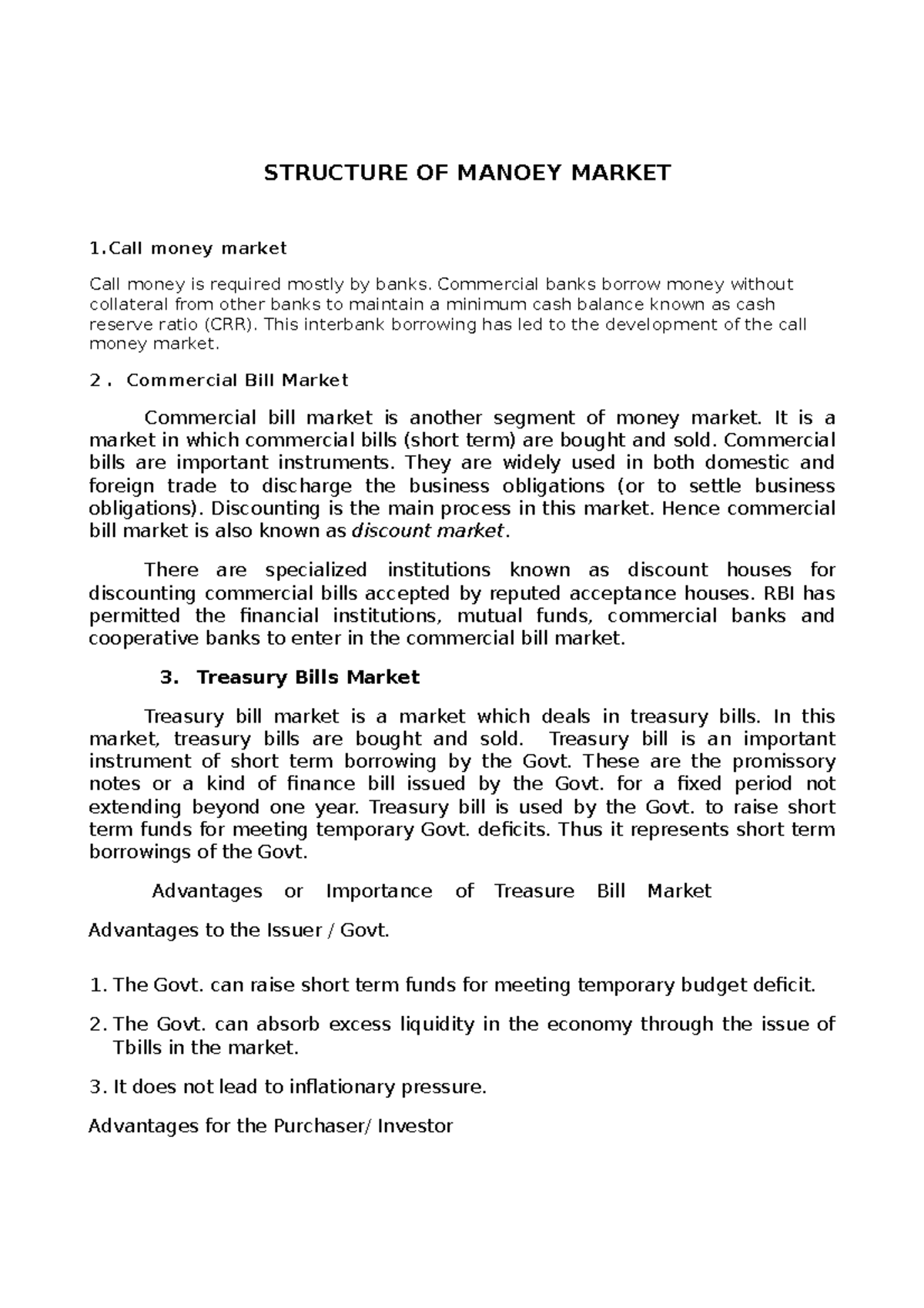 A10 - ITS LECTURE NOTES - STRUCTURE OF MANOEY MARKET 1 money market ...