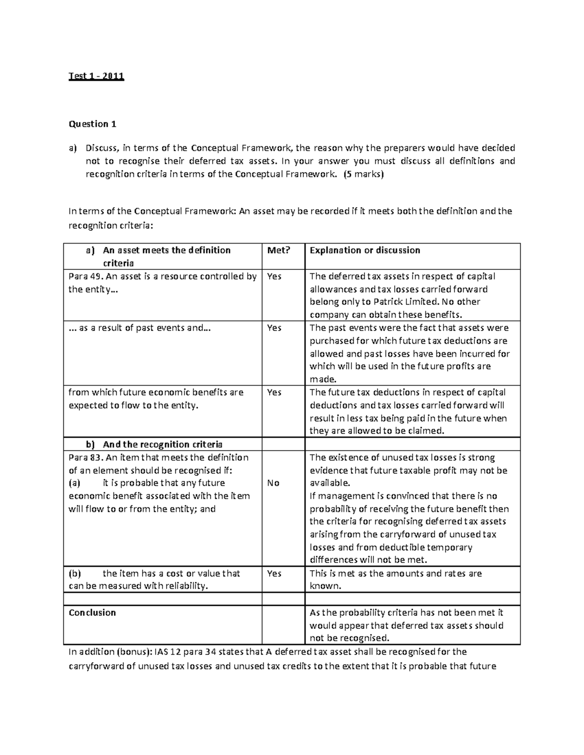 2011 Test 1 student solution - Test 1 - 2011 Question 1 a) Discuss, in ...