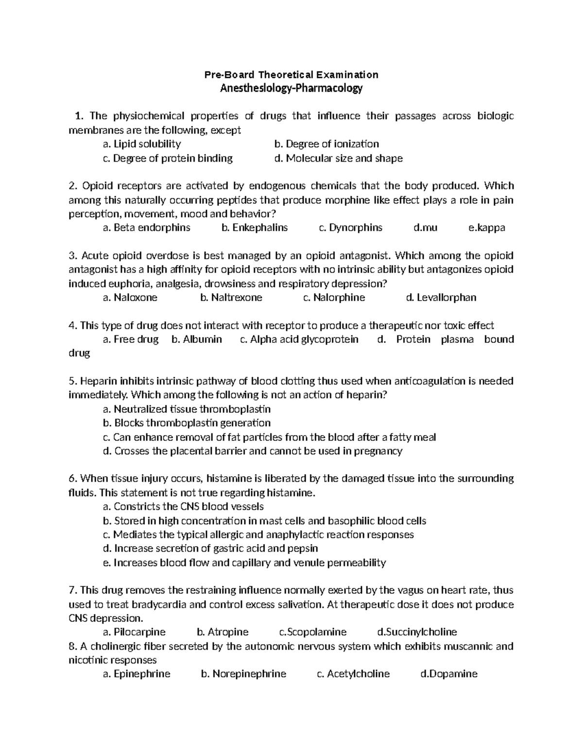 Pre-Board Theoretical Examination - Anesthesiology-Pharmacology - Pre ...