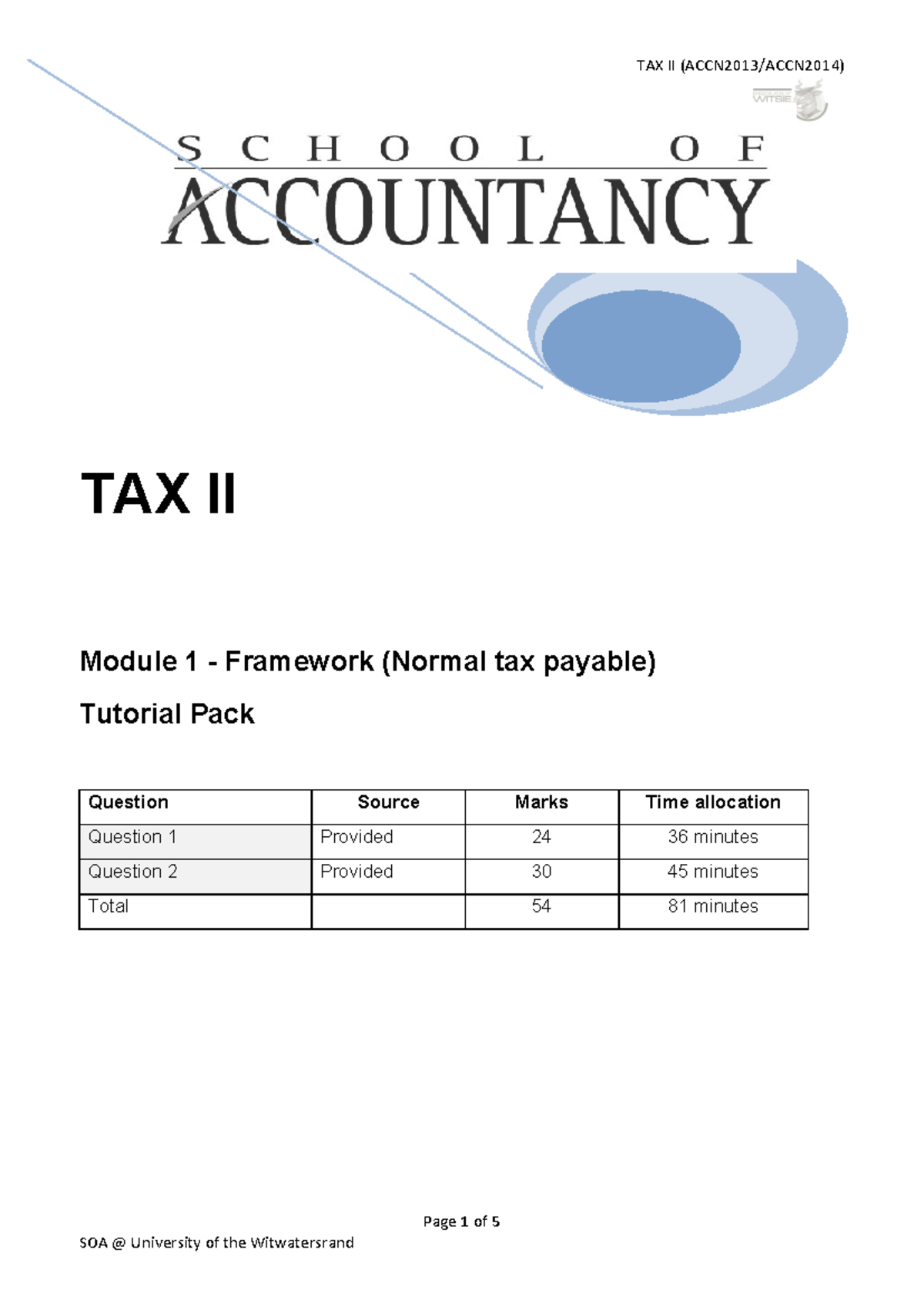 Tax II Module 1A Introduction to Taxation - 2024 Tutorials and ...