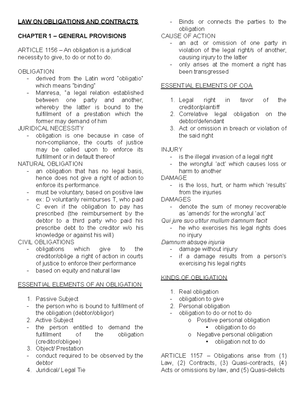 Chap 1 - Reviewer - Goodluck - LAW ON OBLIGATIONS AND CONTRACTS CHAPTER ...