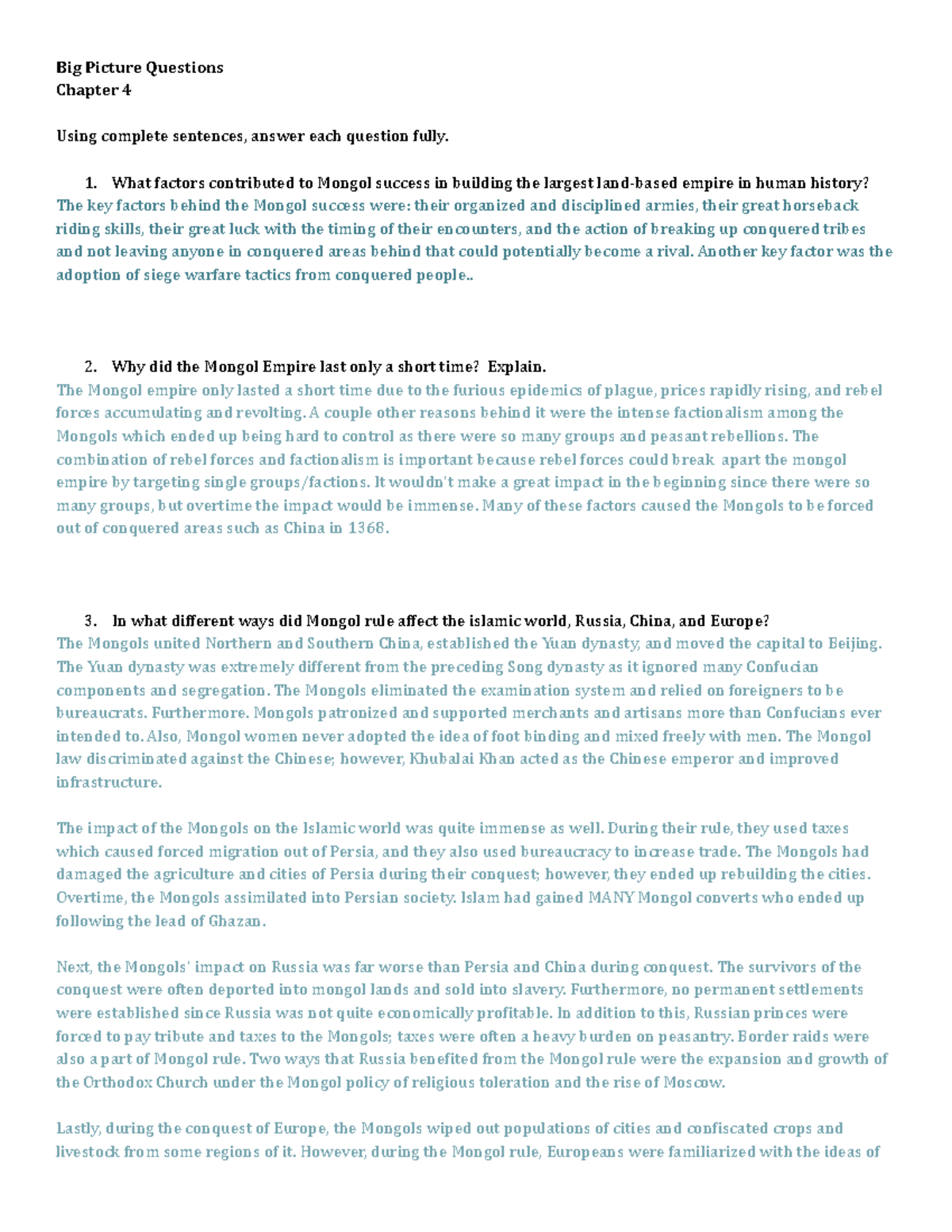Ch. 4 BPQ - Big Picture Questions Chapter 4 Using complete sentences ...
