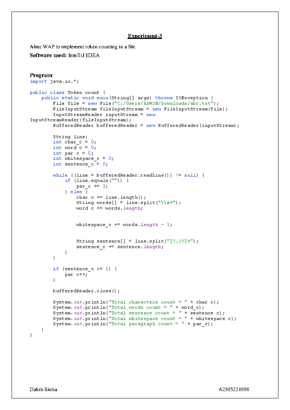 Compiler construction - Experiment- 3 Aim: WAP to implement token counting in a file. Software ...