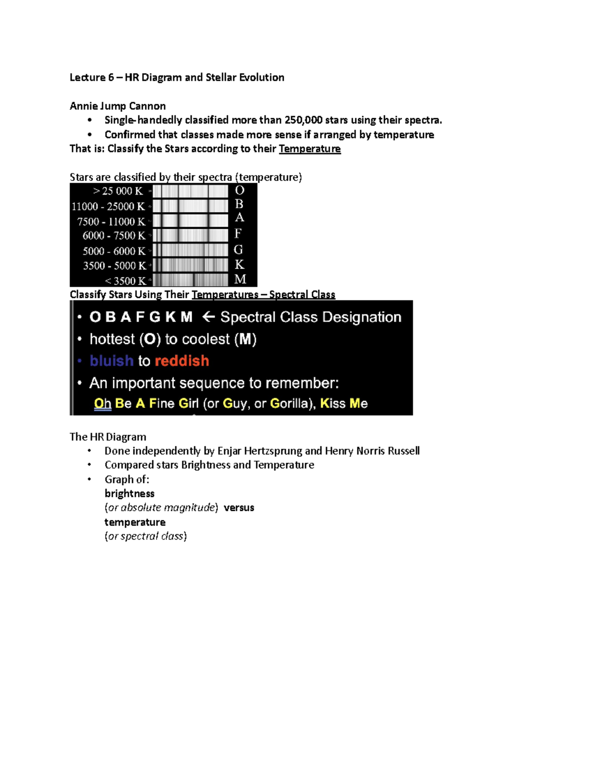Final notes - Lecture 6 – HR Diagram and Stellar Evolution Annie Jump ...