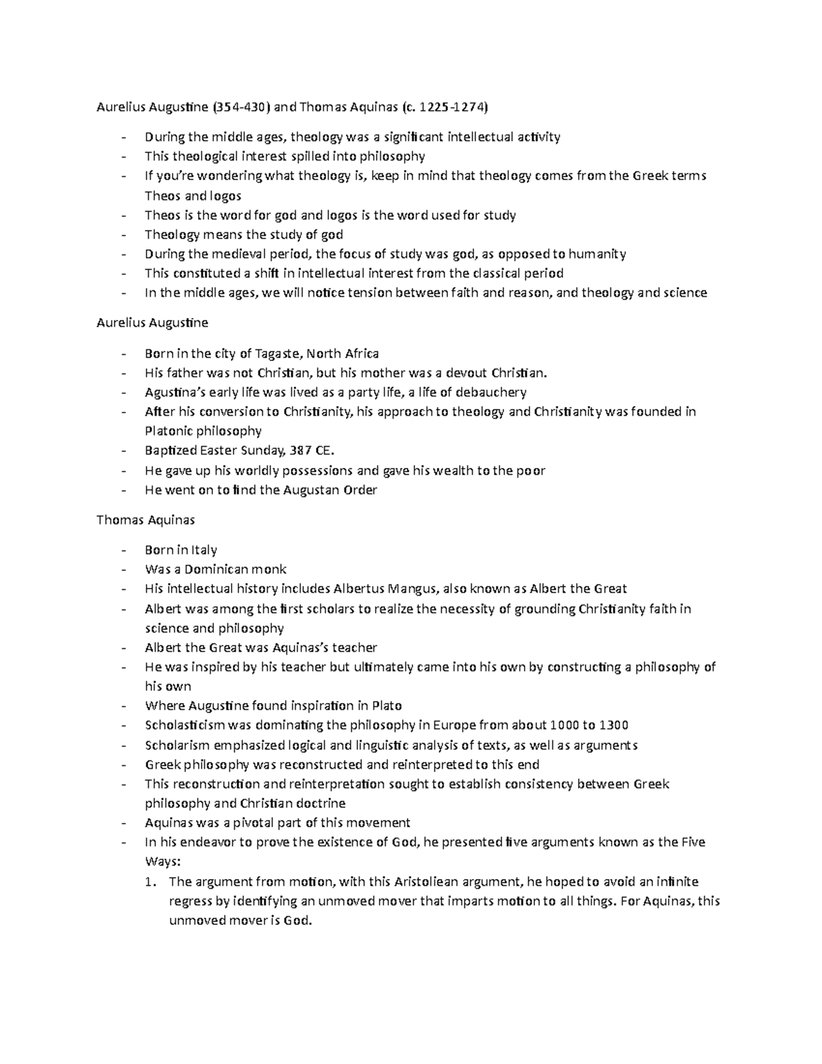 PHI in the middle ages notes - Aurelius Augustine (354-430) and Thomas ...