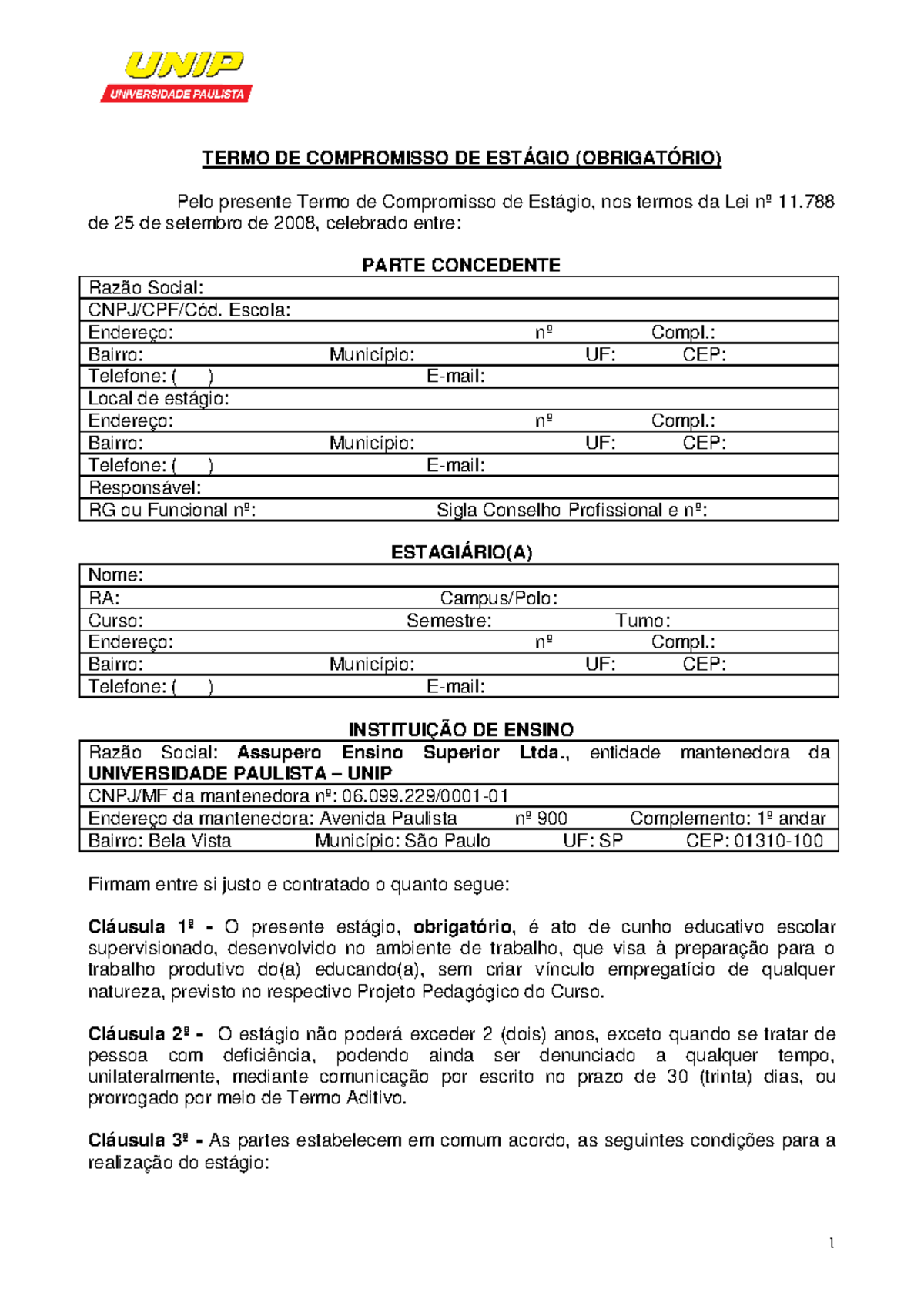 Termo De Compromisso De Estágio Unopar - RETOEDU