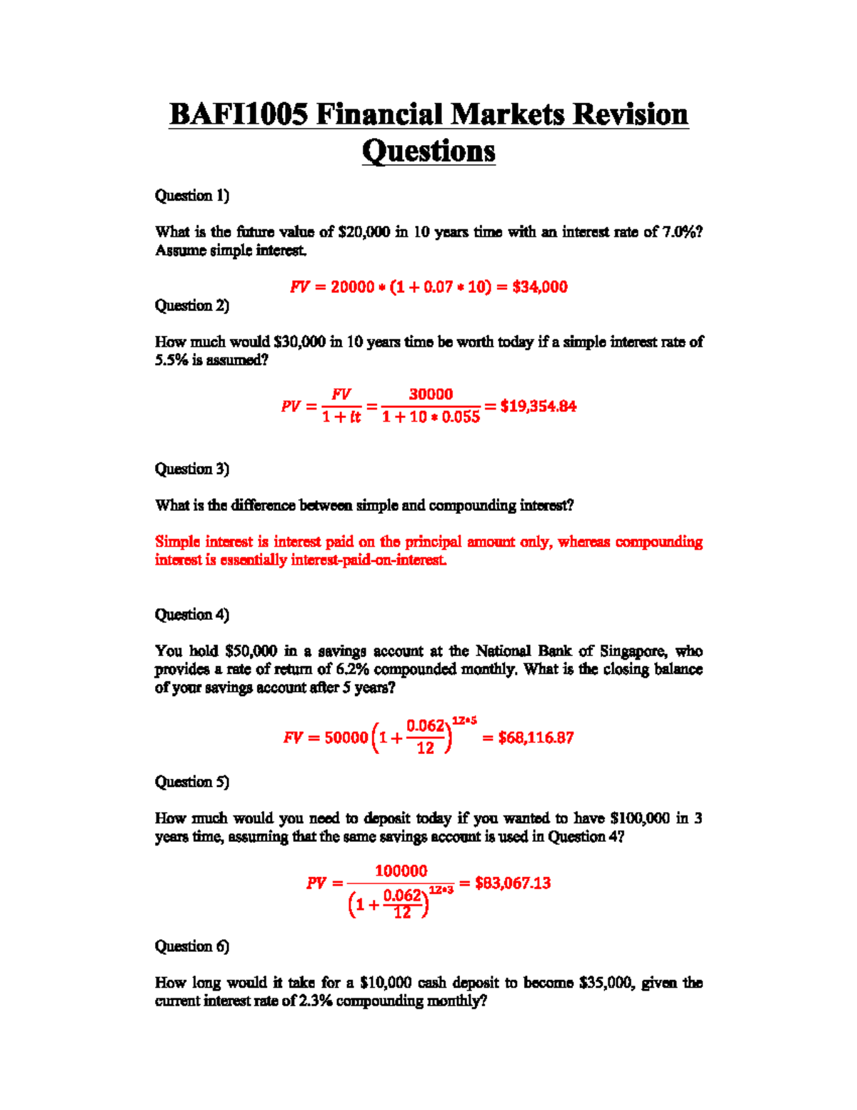 BAFI1005 Exam Revision Questions Solutions - BAFI 1005 - Studocu