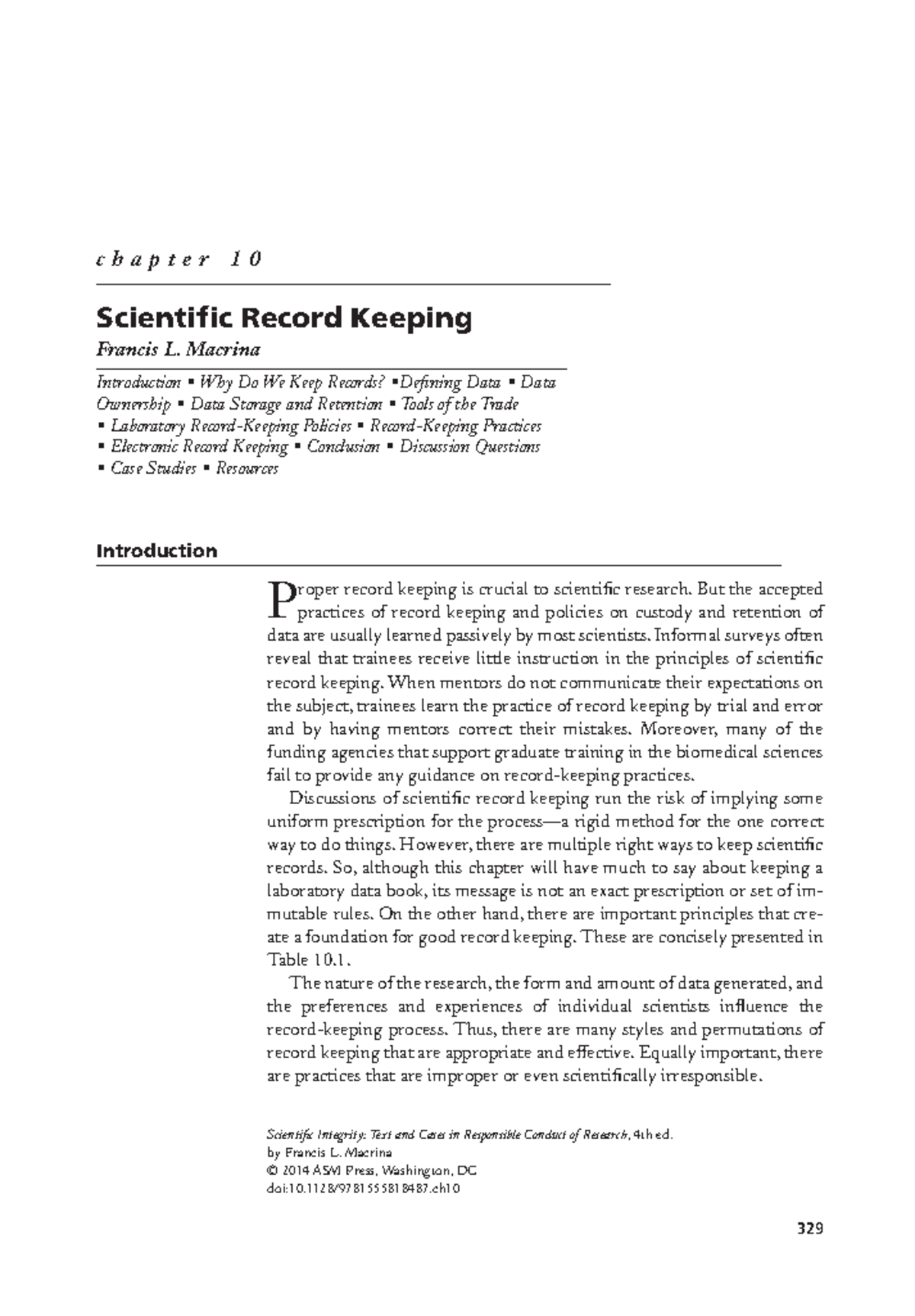 Chapter 10 - chapter 10 Scientific Record Keeping Francis L. Macrina ...