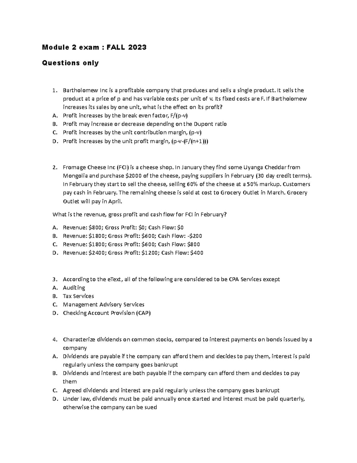 sustainability practice exam - Module 2 exam : FALL 2023 Questions only ...