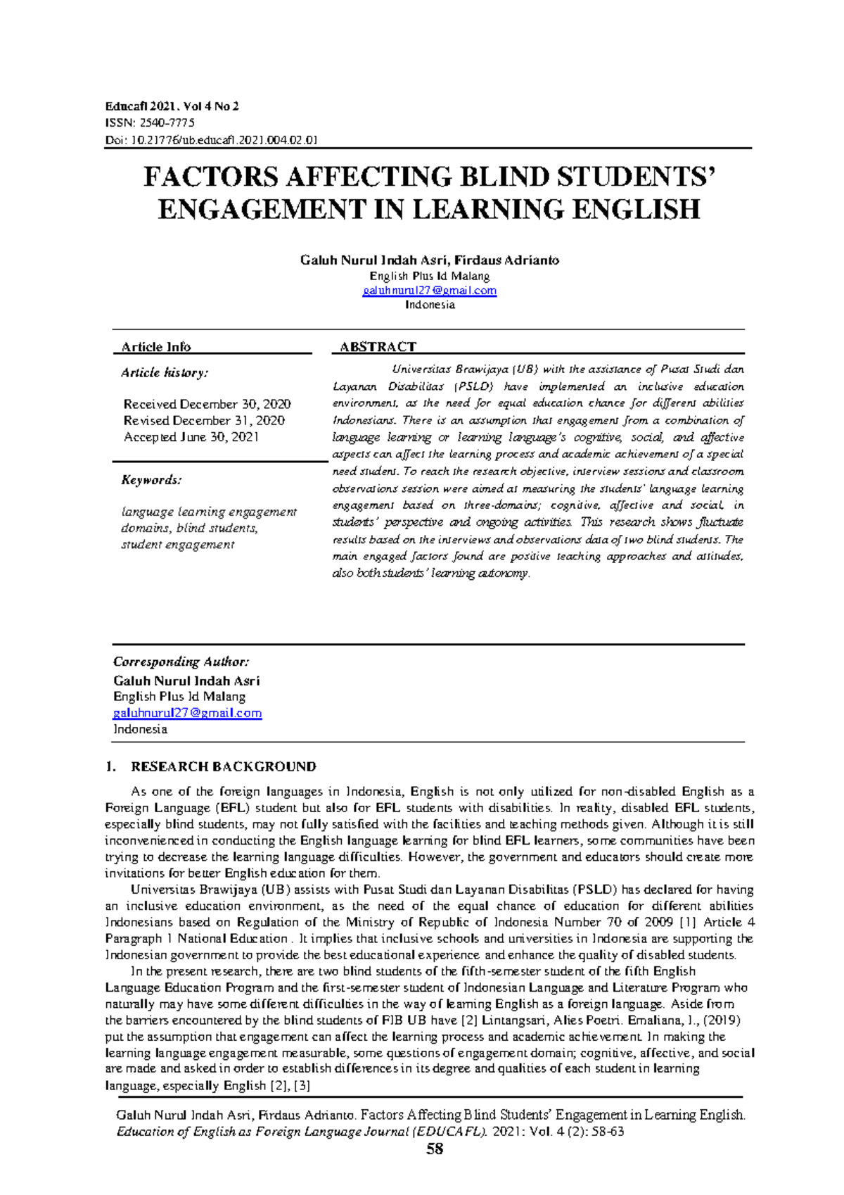 Factors Affecting Blind Students’ Engagement IN Learning English ...