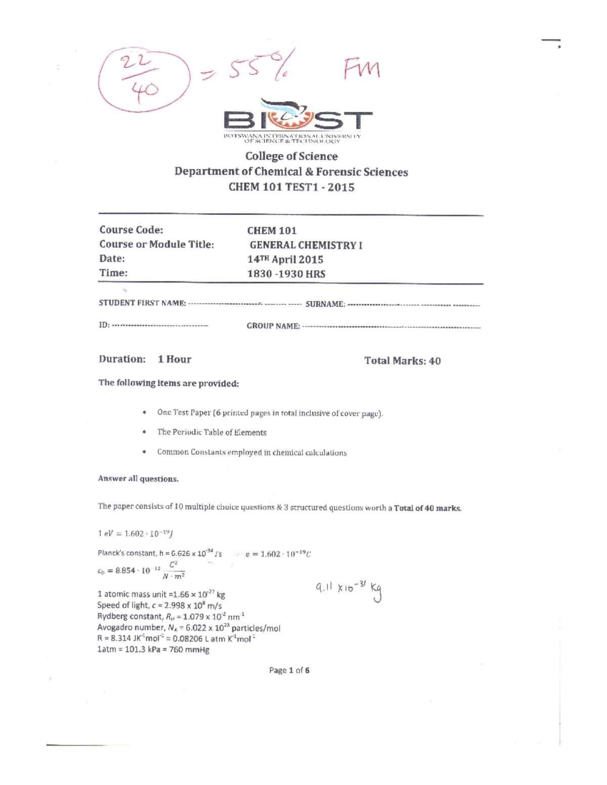 Chem Test 1 2015 - test questions - analytical chemistry - Studocu