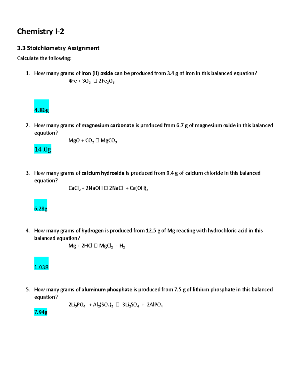 Copy of 3.3 Stoichiometry Assignment Eli LEE - Chemistry I- 3 ...