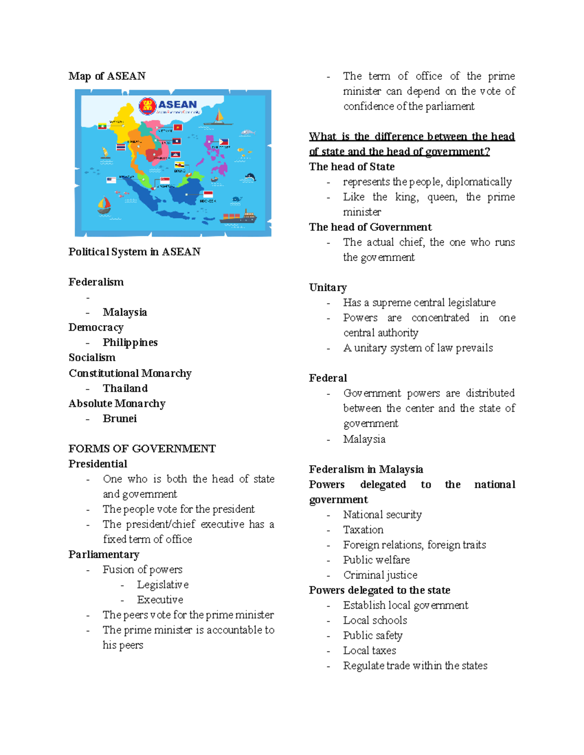 LCASEAN LECTURE NOTES - Map of ASEAN Political System in ASEAN ...